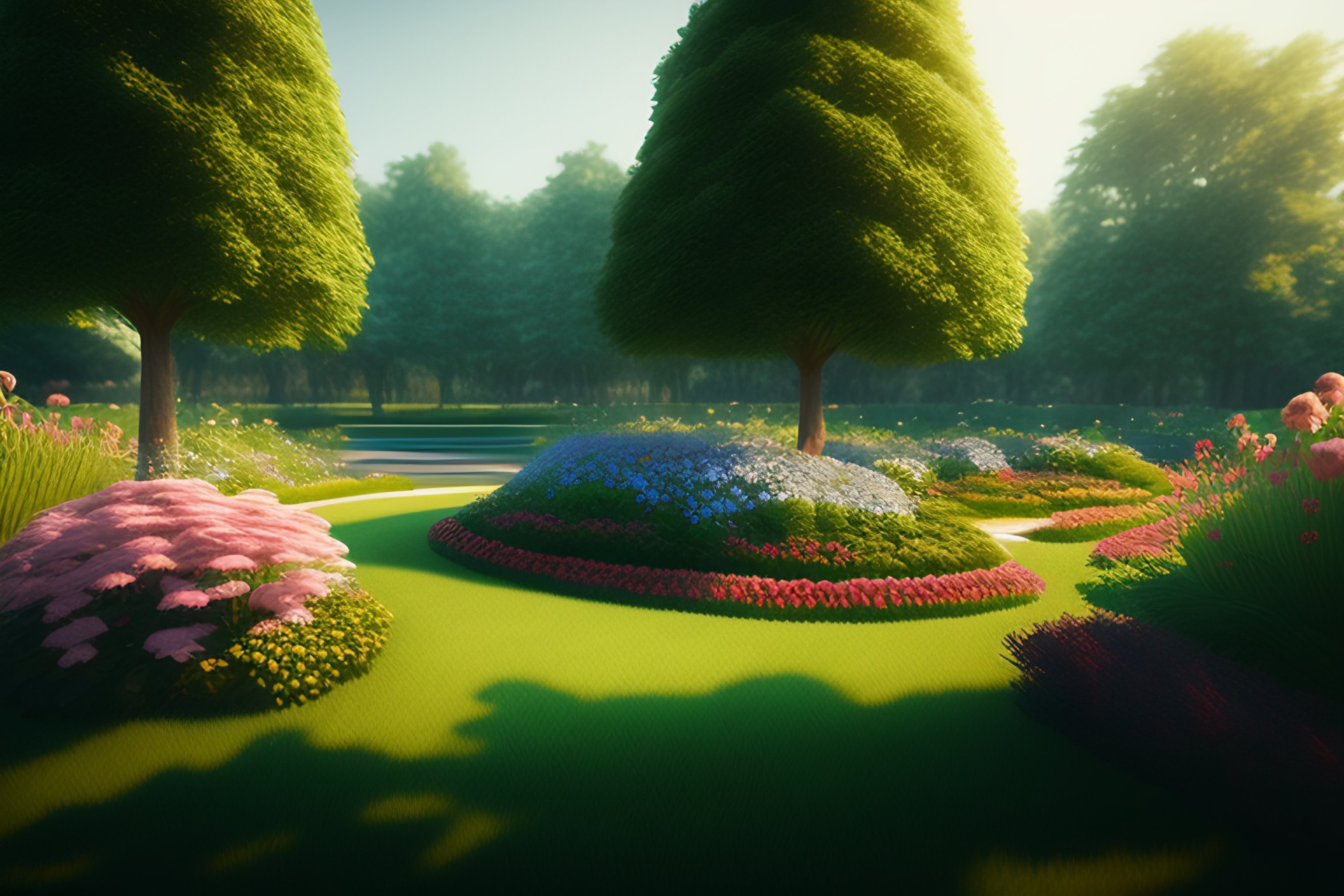 Lexica - Professional photograph landscape garden with flowers, unreal ...