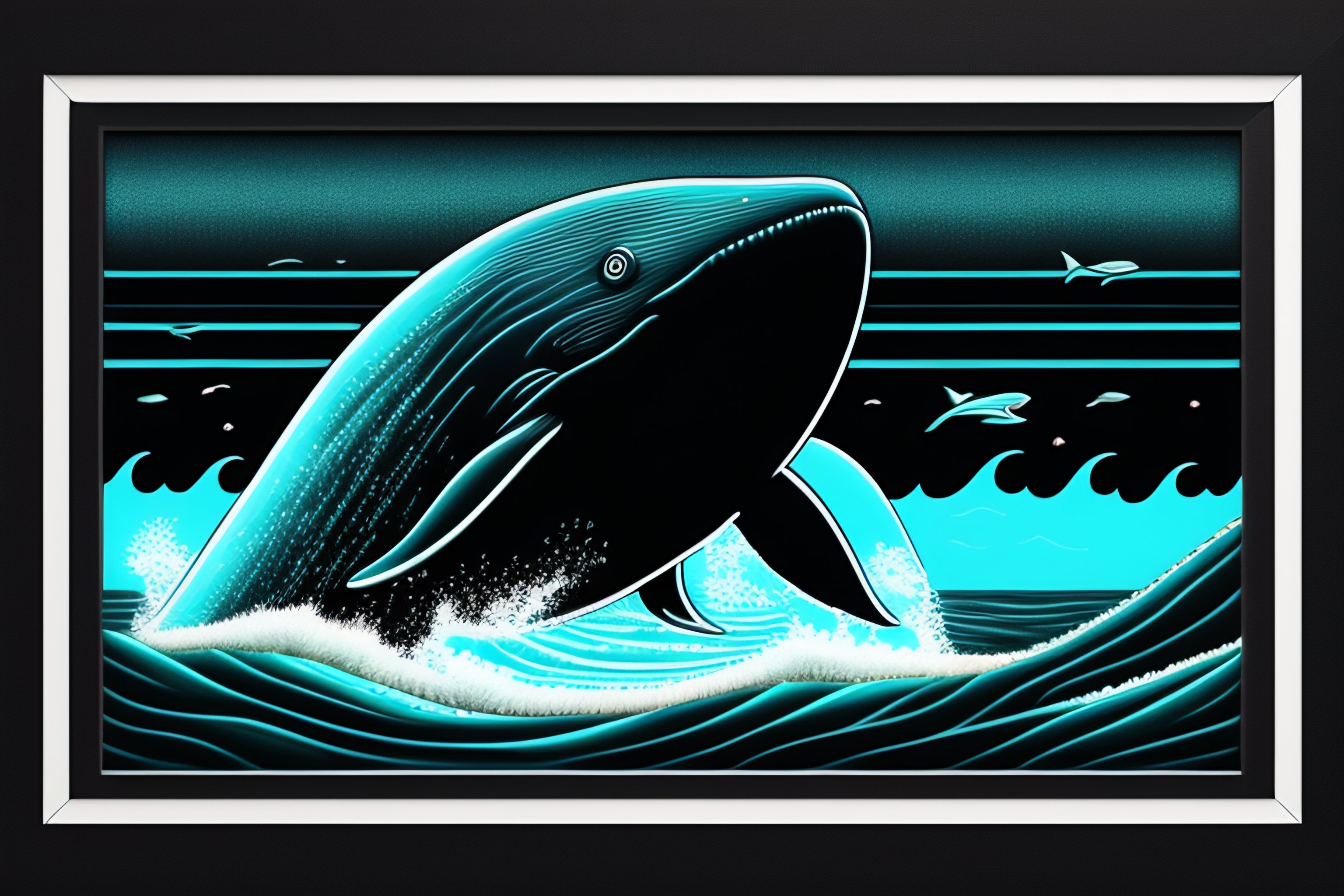 Lexica - A text written "The Money Whale", black and white, neon, ocean ...