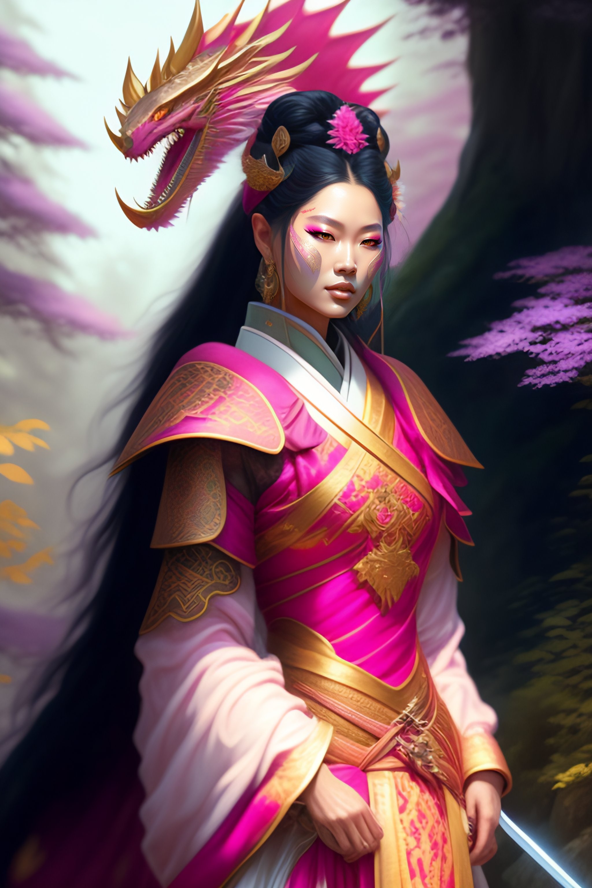 Lexica - Anthropomorphic pink dragon dressed as a samurai, soft ...