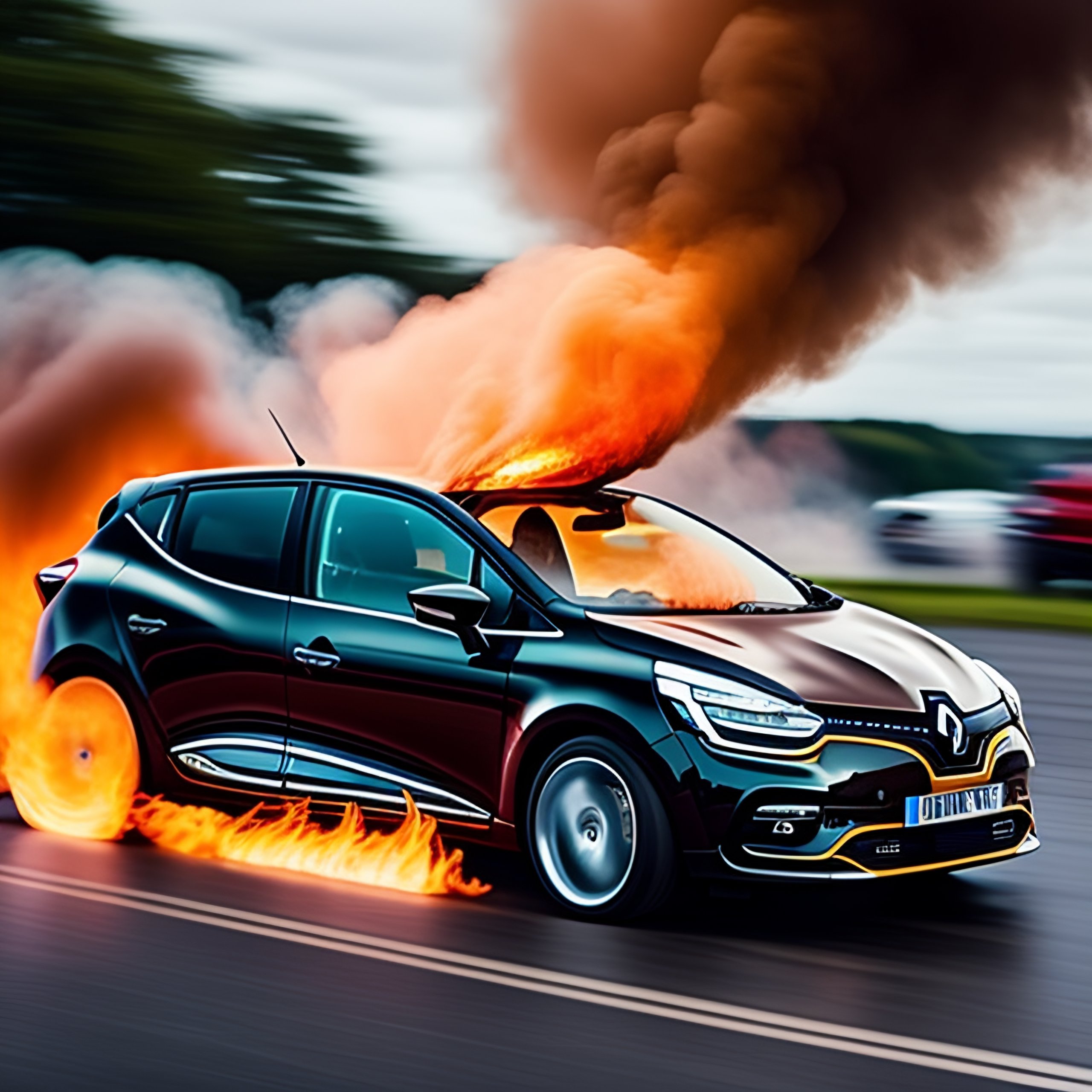 Lexica - A man with a little Renault Clio on flames taking it with his ...