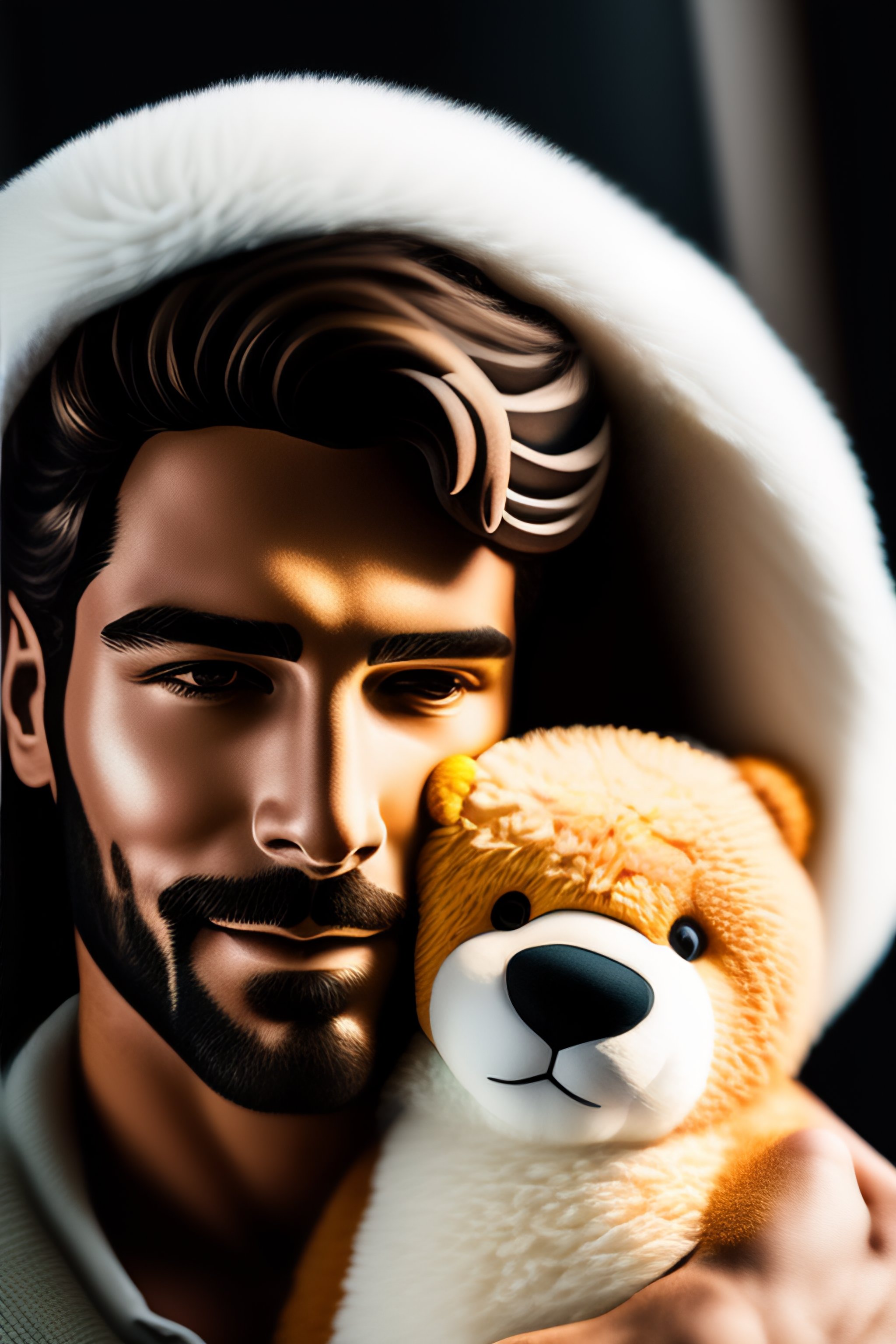 Lexica - Handsome guy with a fluffy bear in his arms soft light paper ...