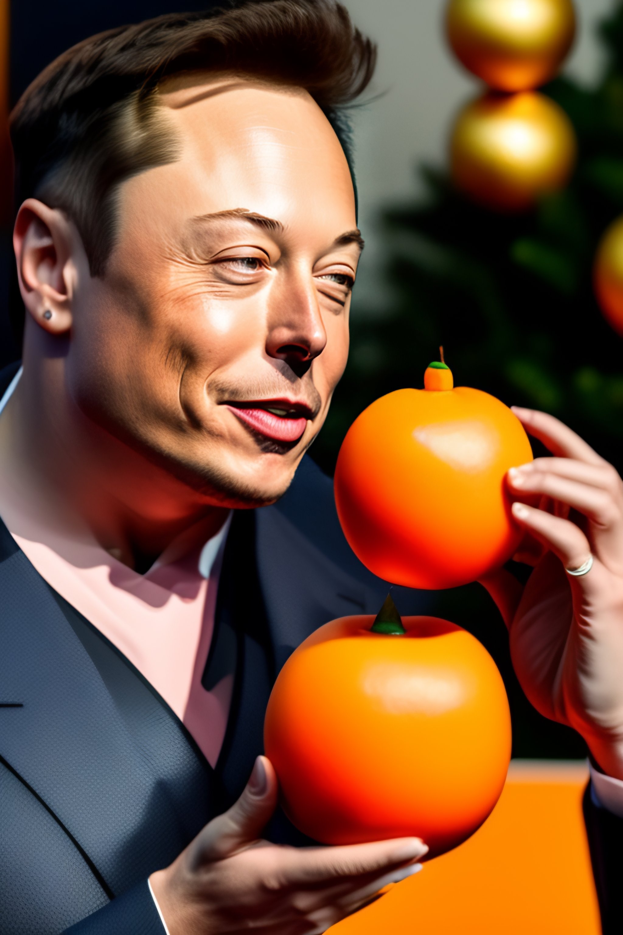 Lexica - Elon Musk peels a tangerine in front of the Christmas tree