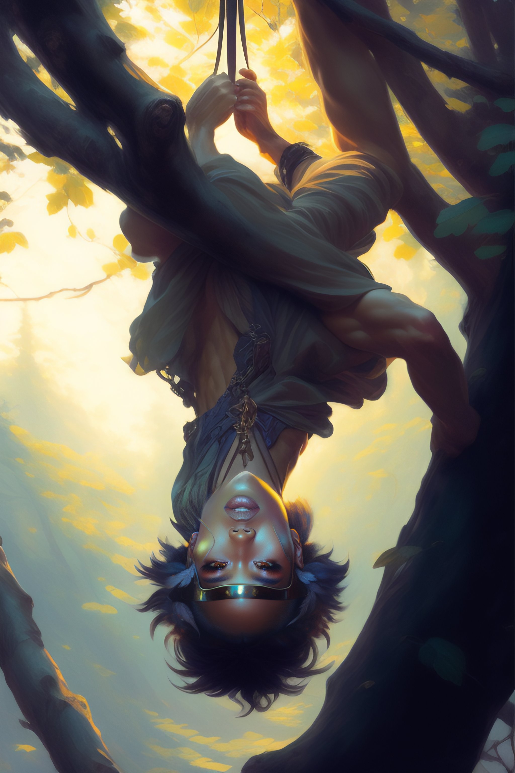 Lexica - A robbed man hanging upside-down from a tree branch by tsuyoshi nagano, greg rutkowski ...