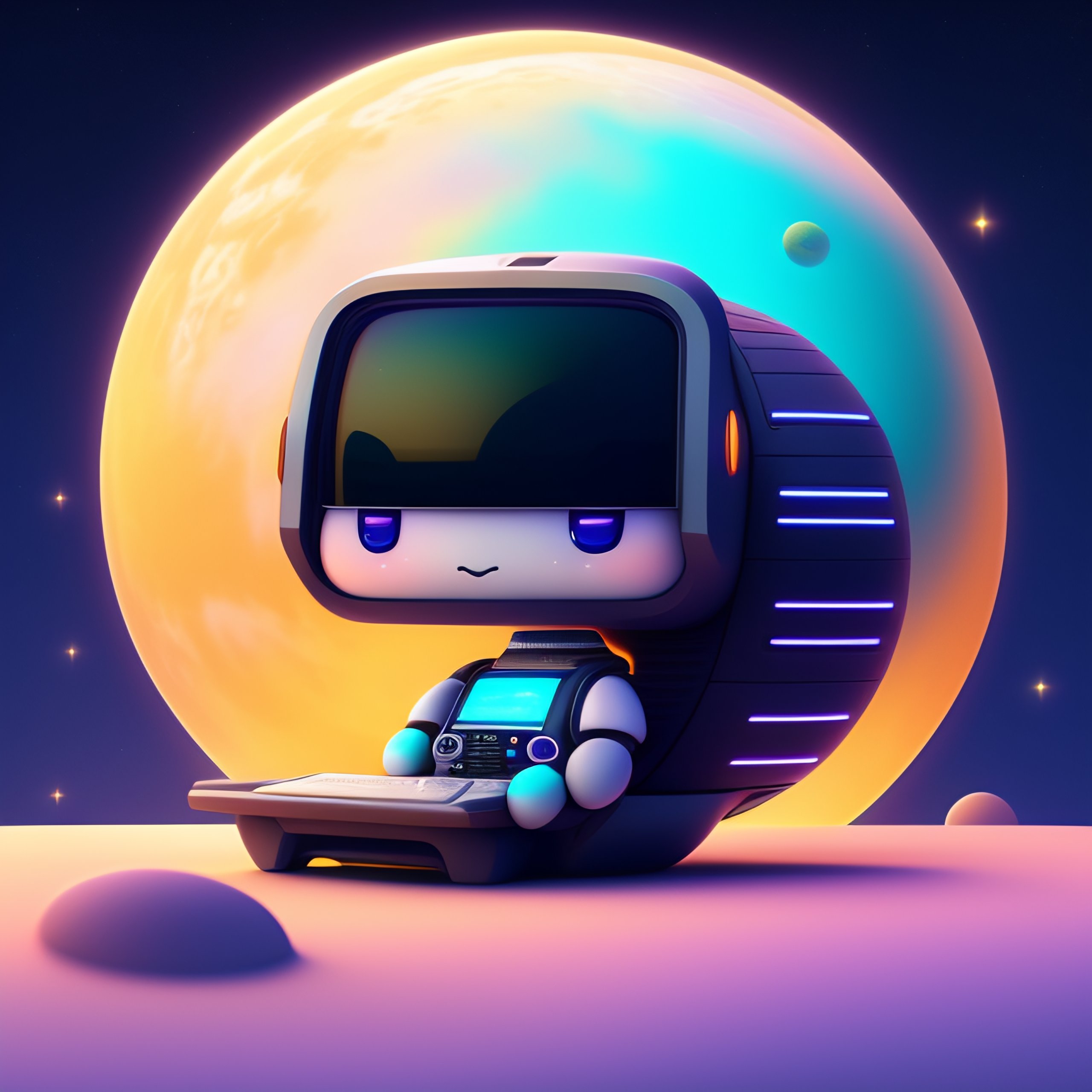 Lexica - A small hyper-cute chibi robot, working on his laptop computer ...