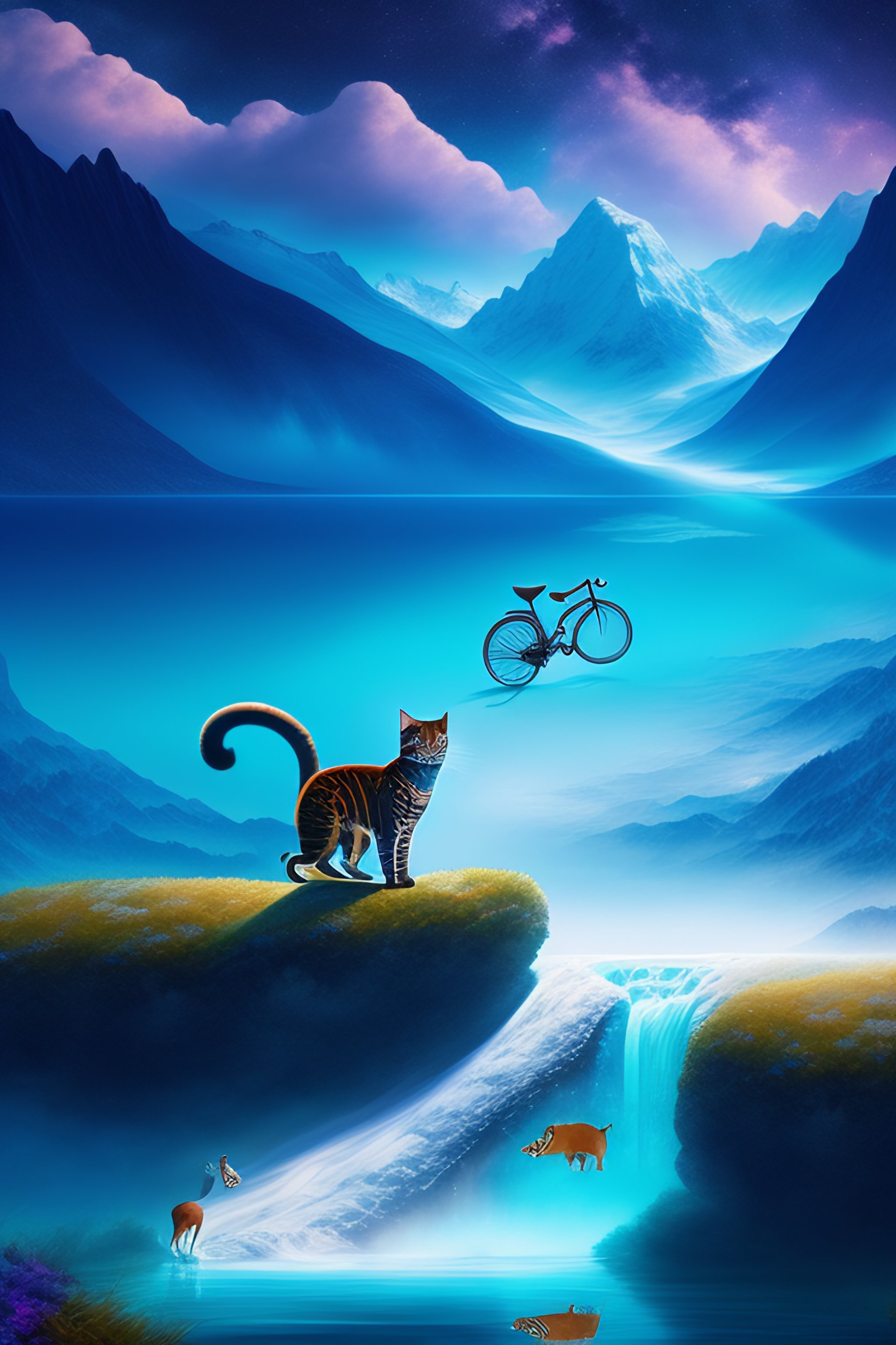 Lexica - A cat below a shine river between snowing mountain and a blue ...