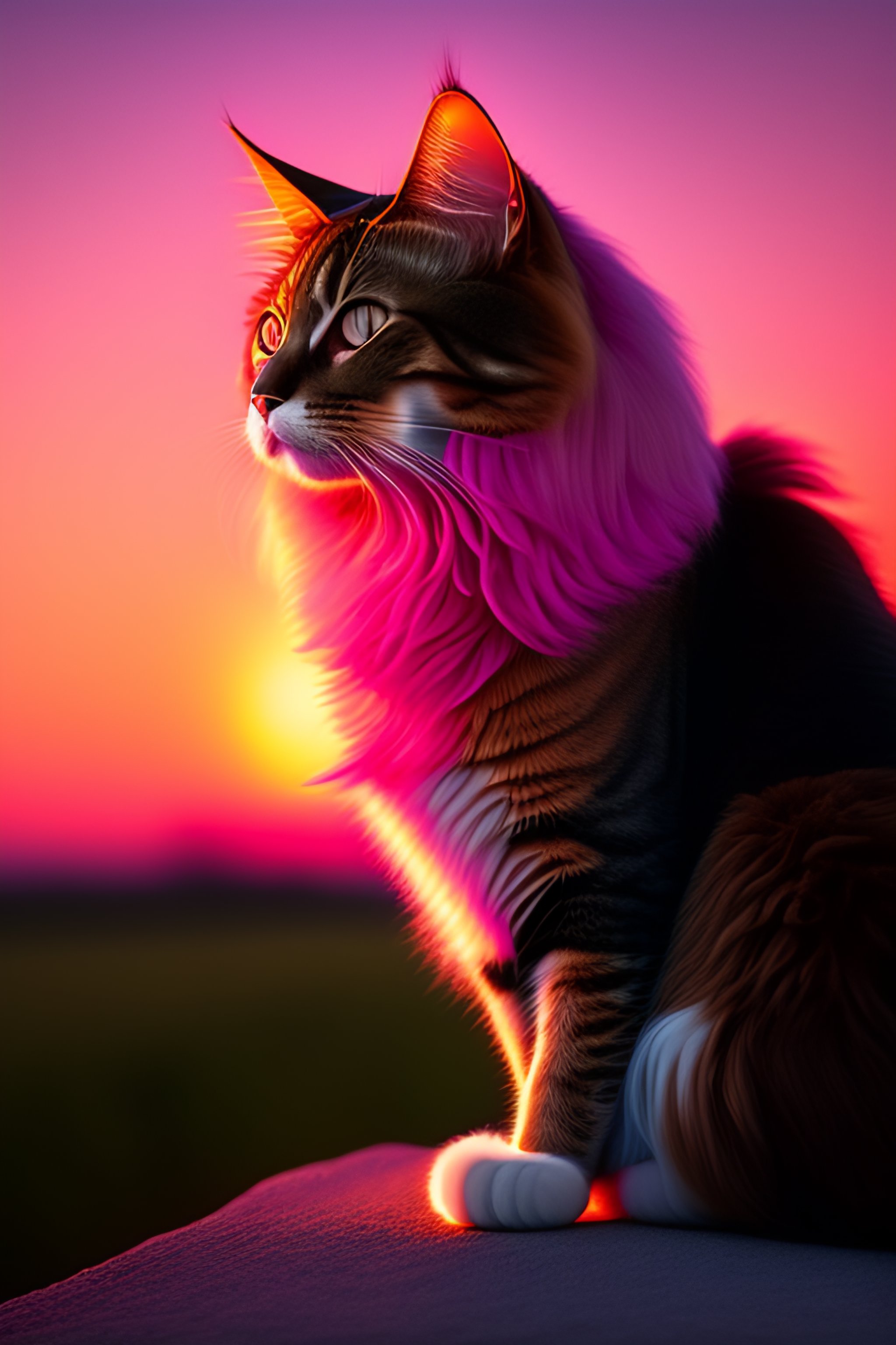 Lexica - A pink longhaired cat watching the sunset