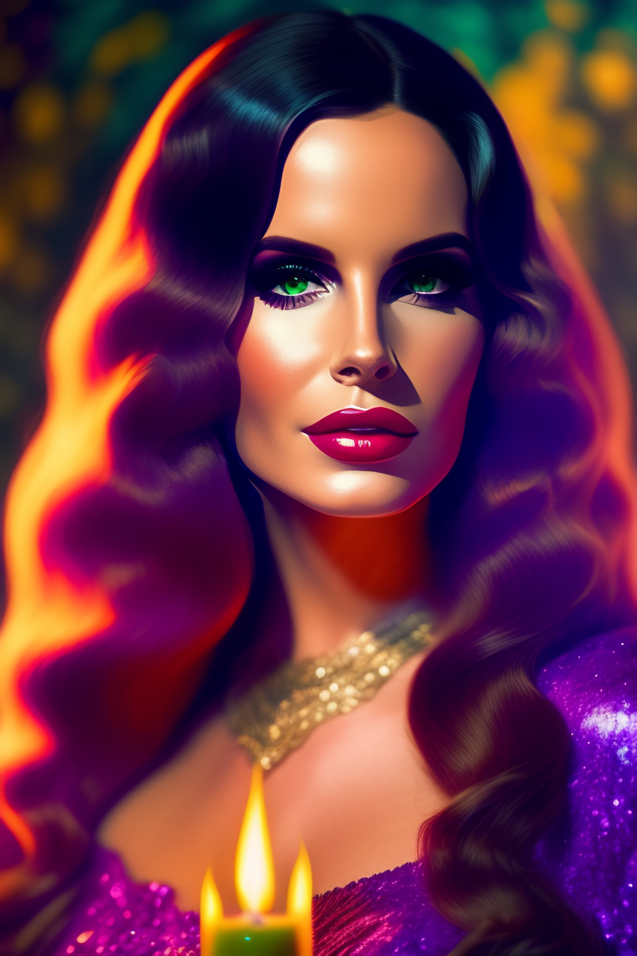 Lexica - Lana del rey as the love witch, fire background, green eyes ...
