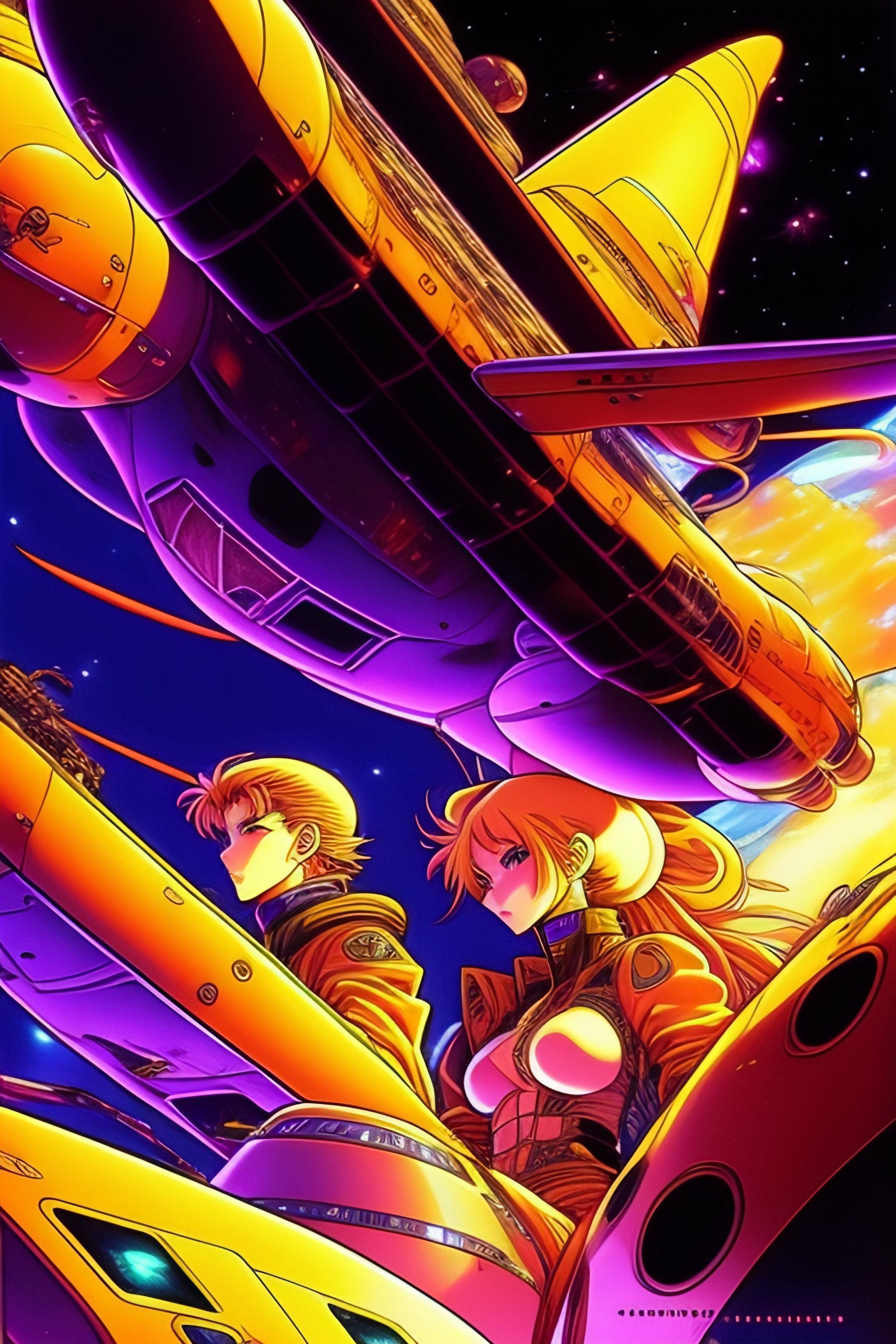 Lexica - Vintage 90's anime style. cluttered starship interior; crew ...