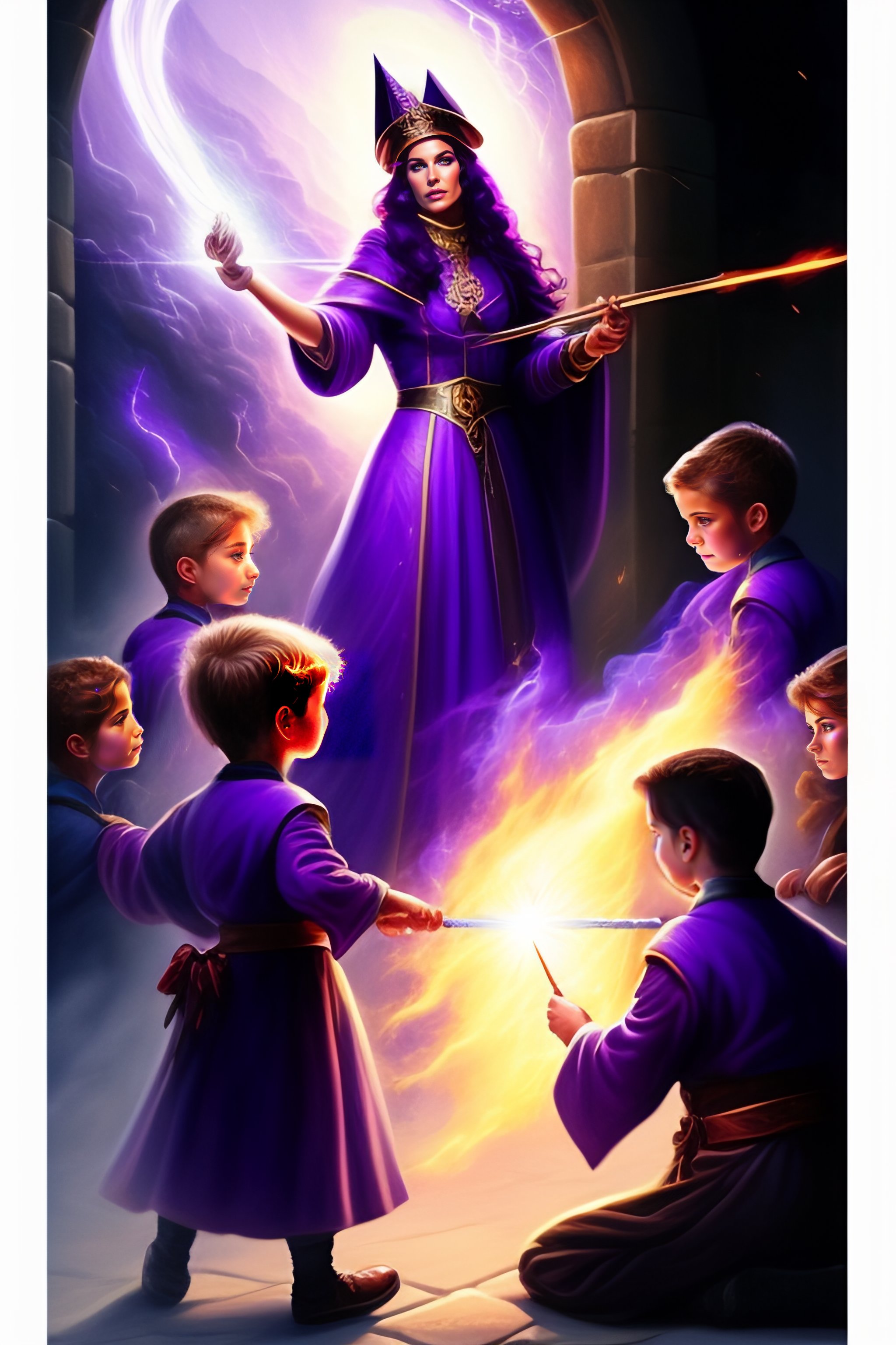 Lexica - A female wizard in purple teaching a magic class to students ...