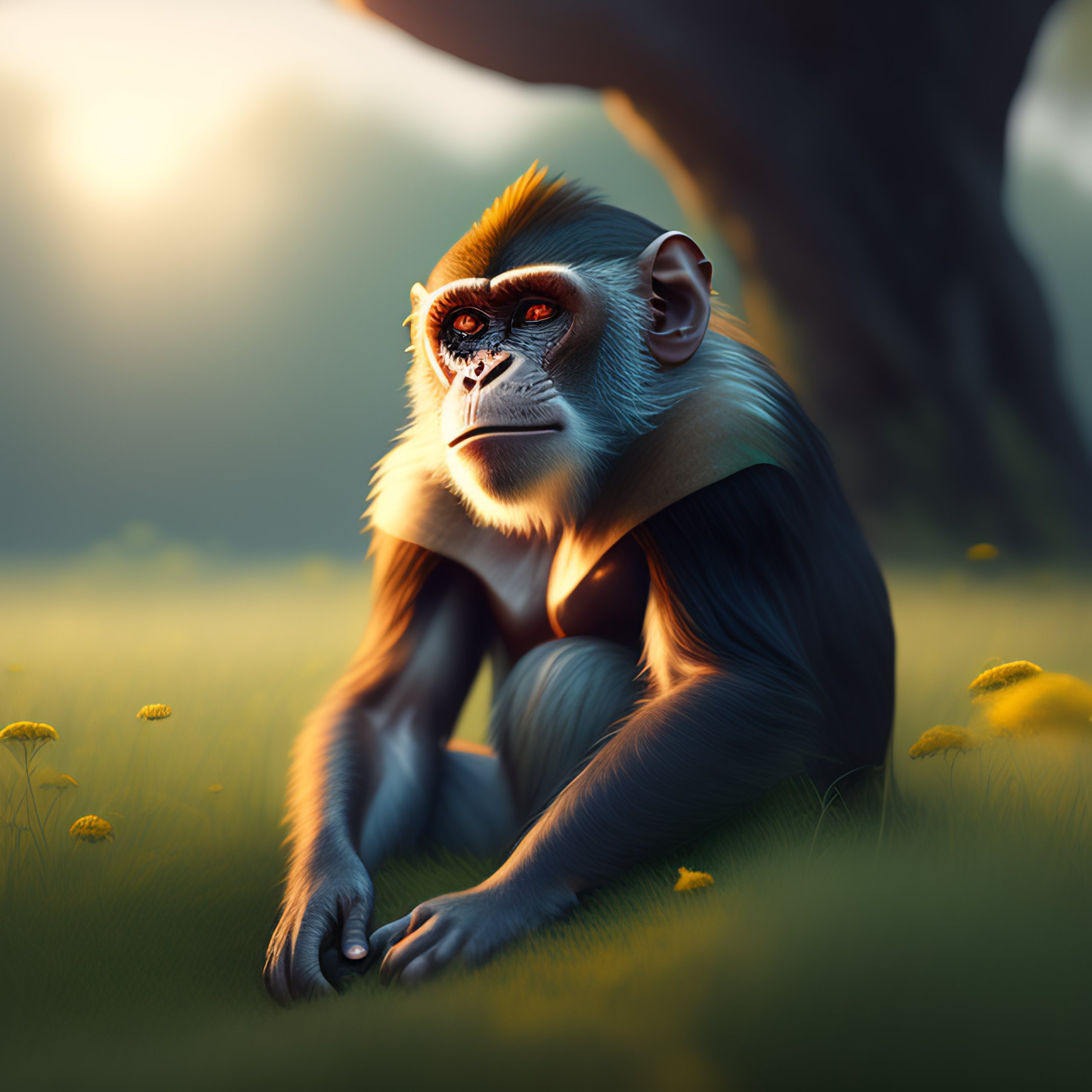 Lexica - Old monkey in meditation on a green meadow with flowers, ultra ...