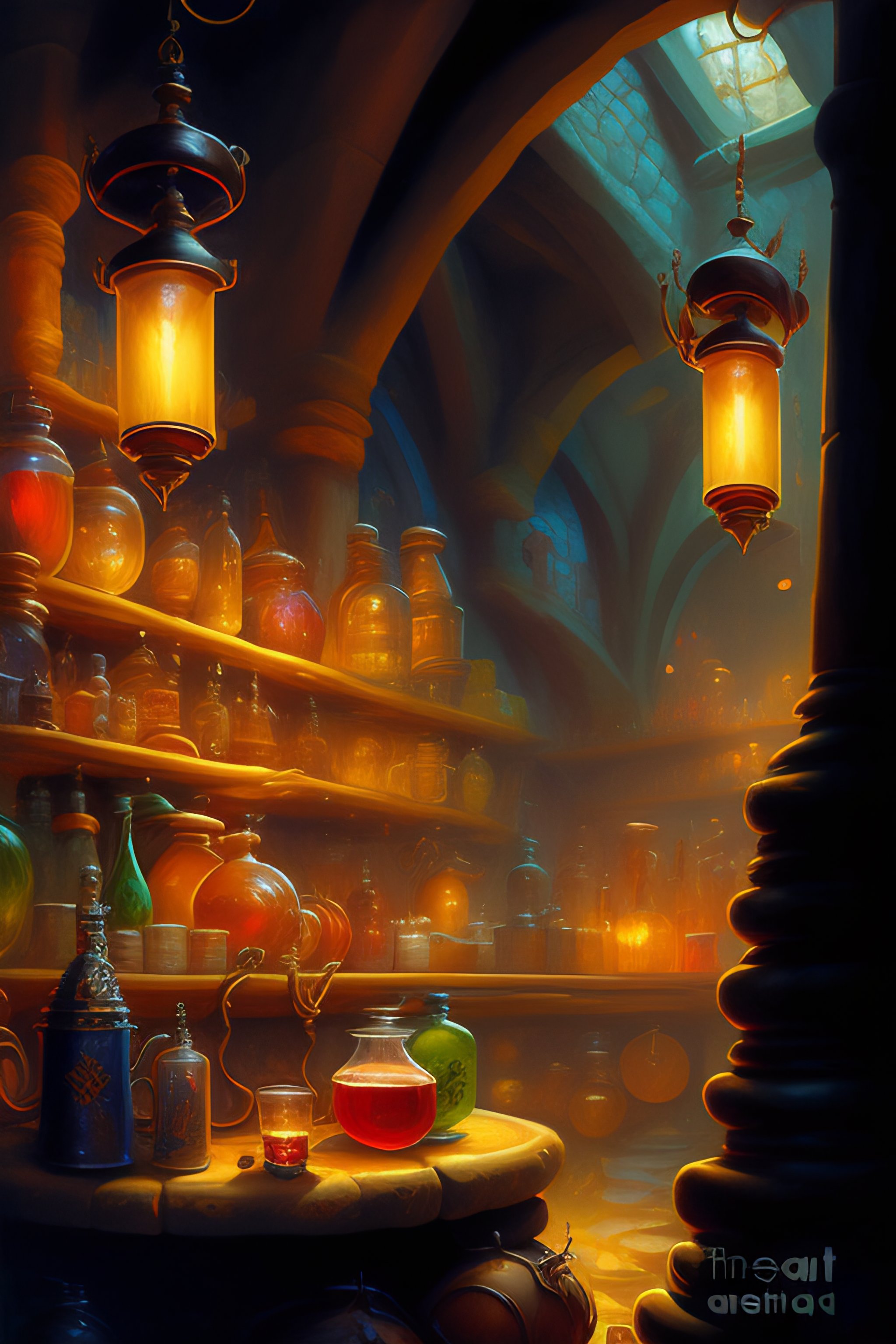 Lexica - Surreal painting of a cluttered fantasy medieval alchemist's ...