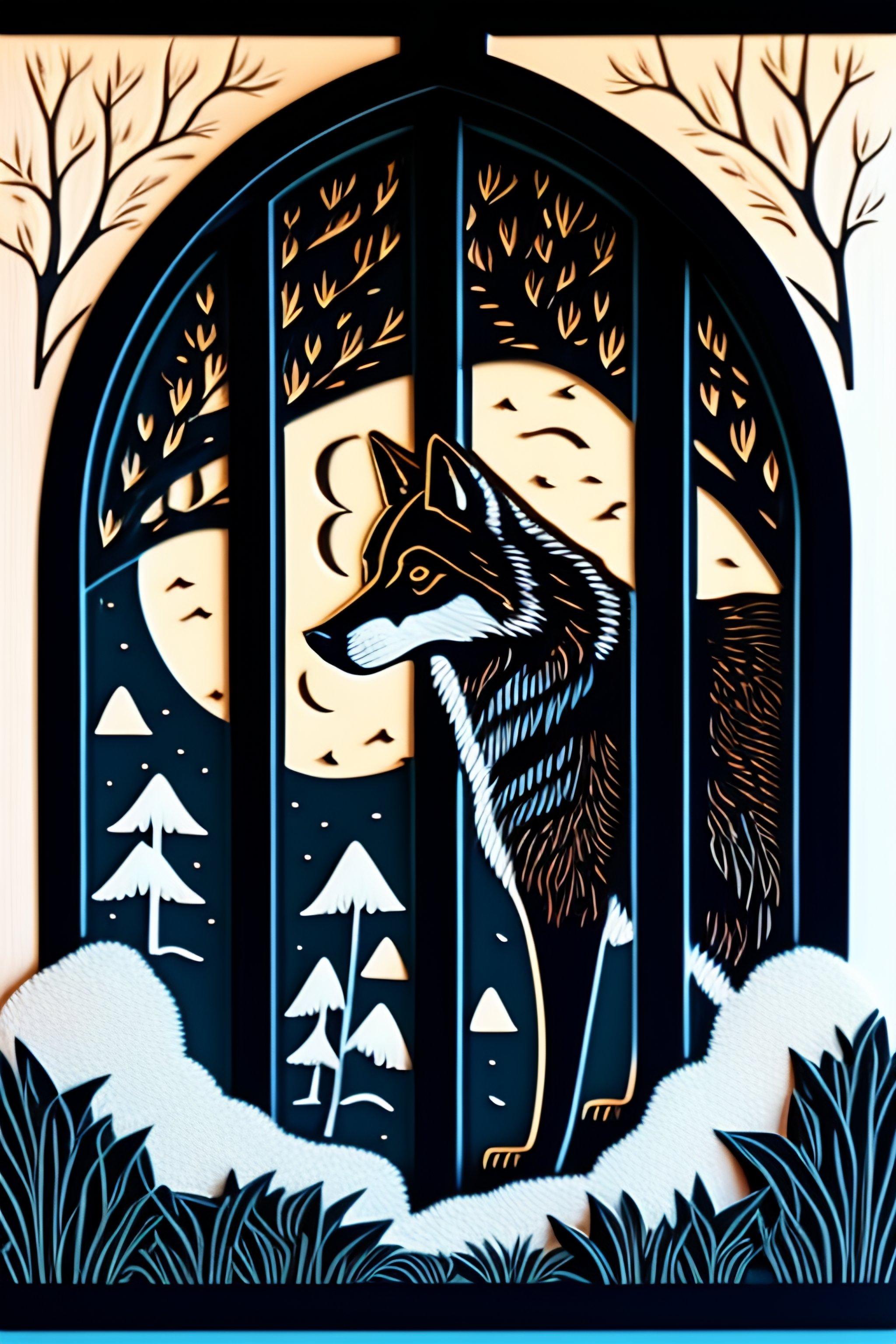 Lexica - Linocut style wolf in a window