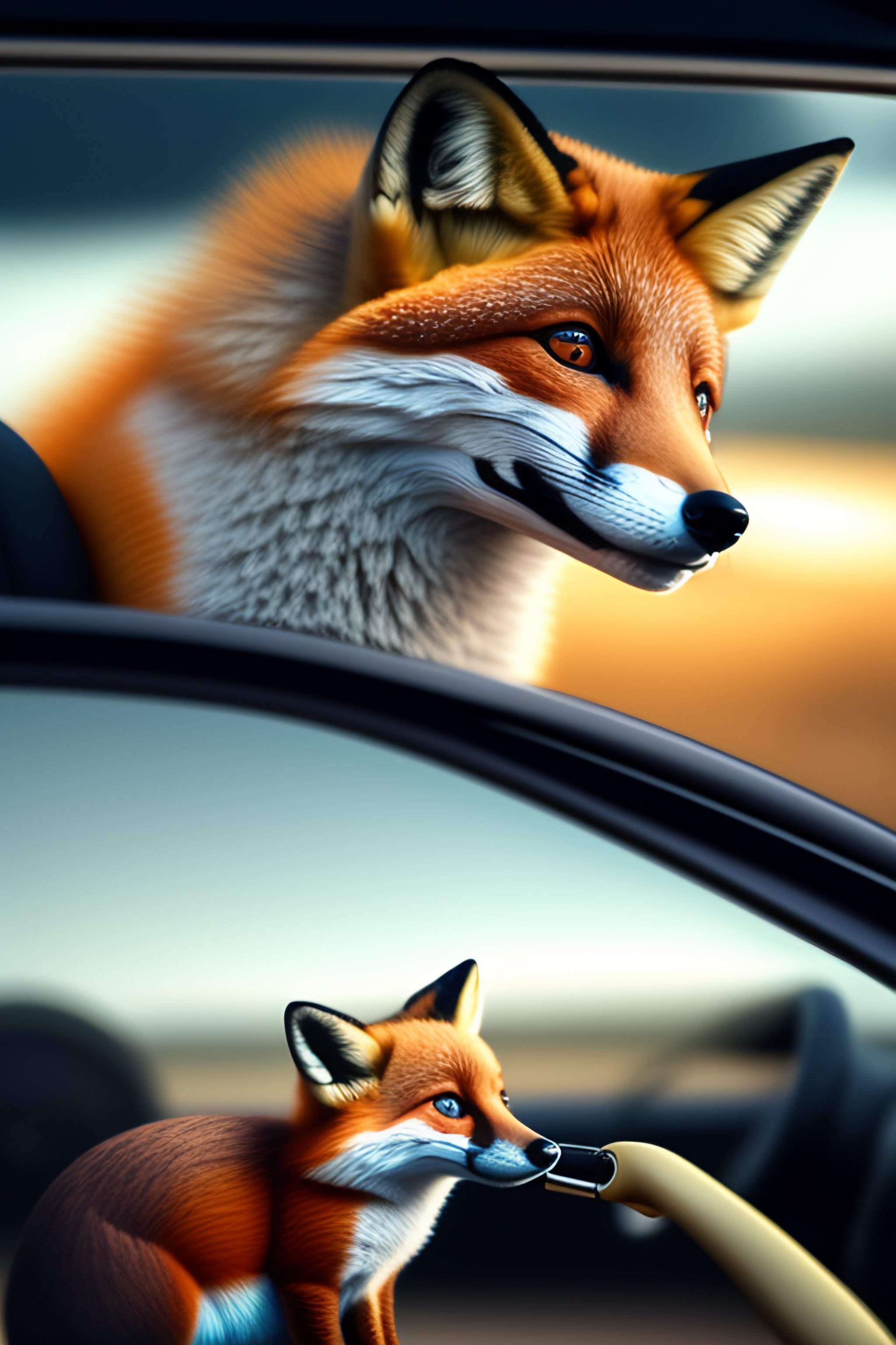 Lexica - A tiny fox driving an expansive car white drinking a glass of wine