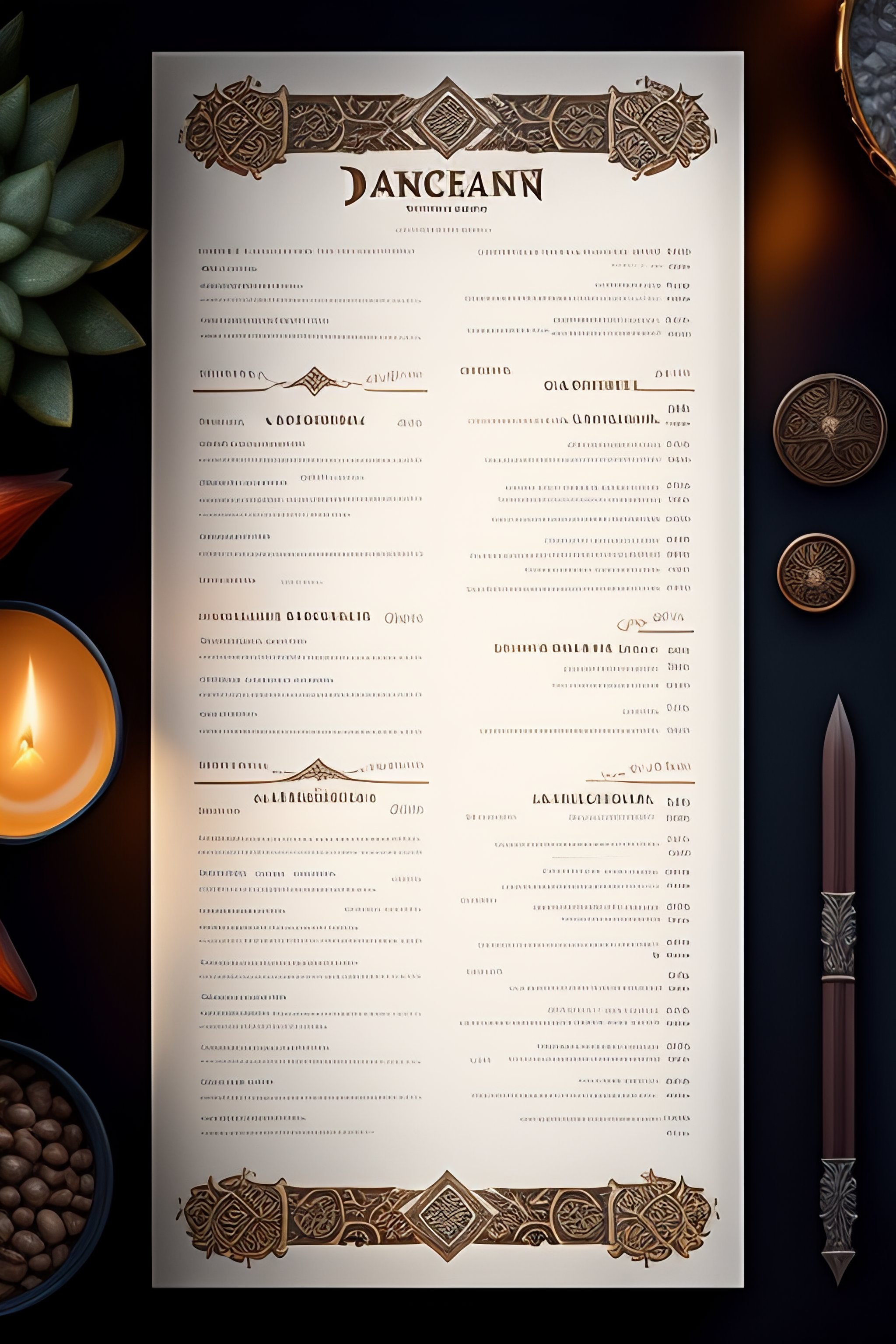 Lexica - A dungeons dragons' menu on a paper sheet with embellishments ...