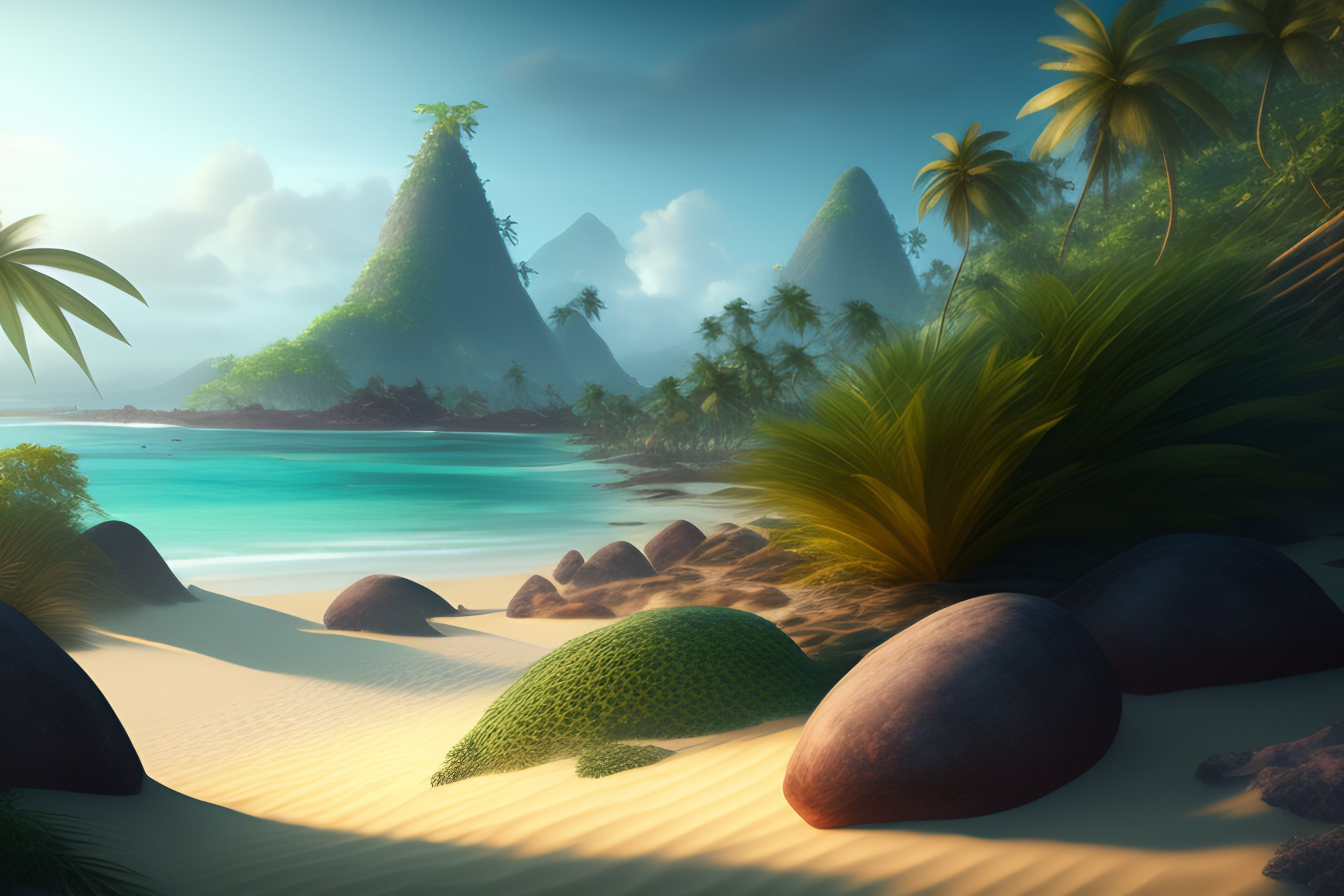 Lexica - Giant elven amerindian hut bamboo on tropical island beach ...