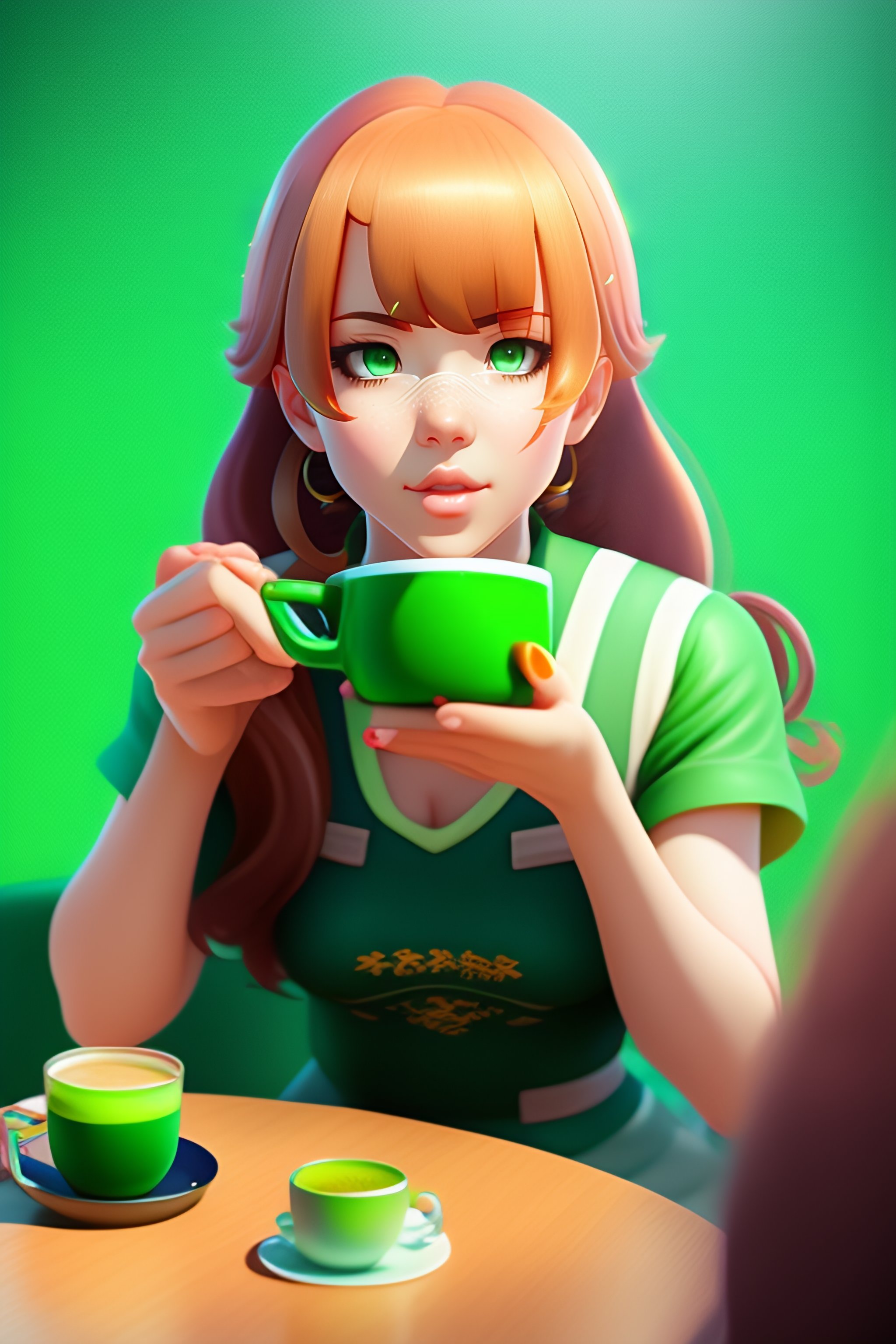 Lexica - High quality image of Misty drinking matcha tea, anime