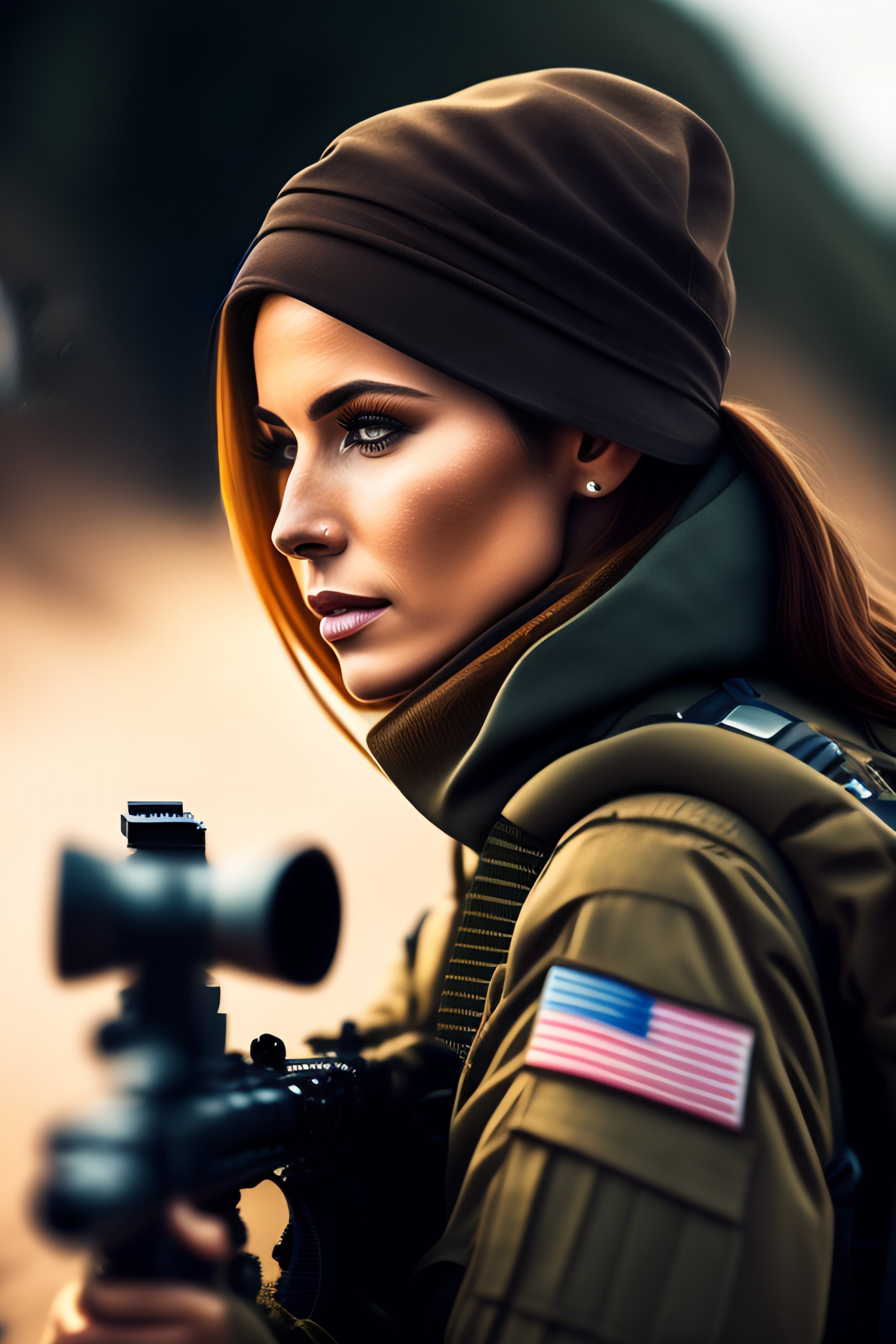 Lexica - Full frame, a beautiful female gun sniper