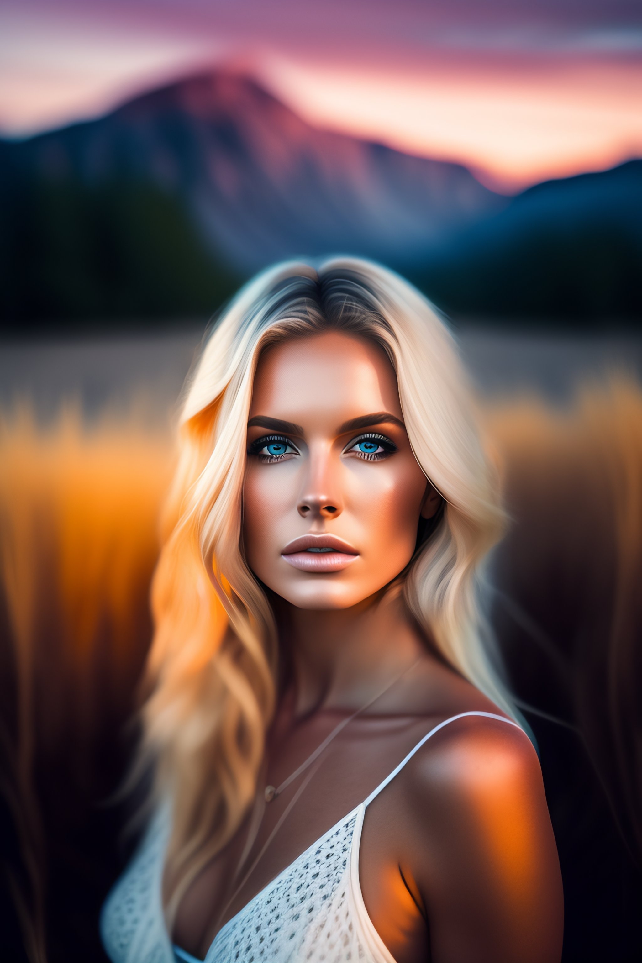 Lexica - Beautiful blonde woman in a dreamlike landscape, frowning