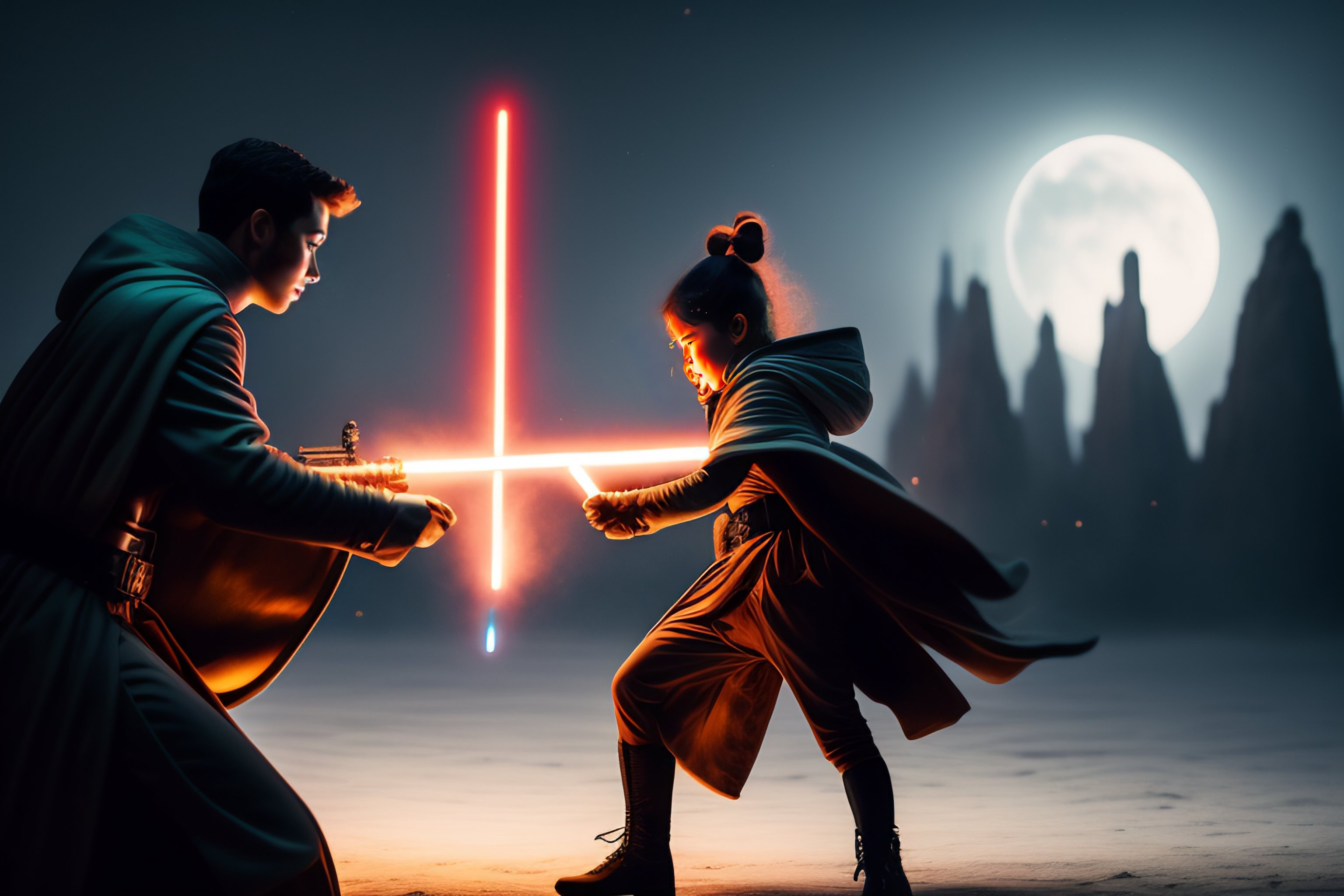 Lexica - Two people fighting with lightsaber