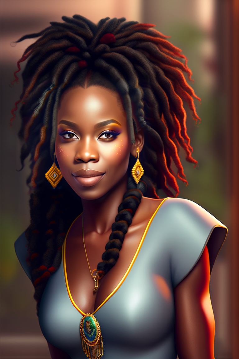 Lexica - Very dark skinned, attractive, black woman, with dreadlocks, 47 years old