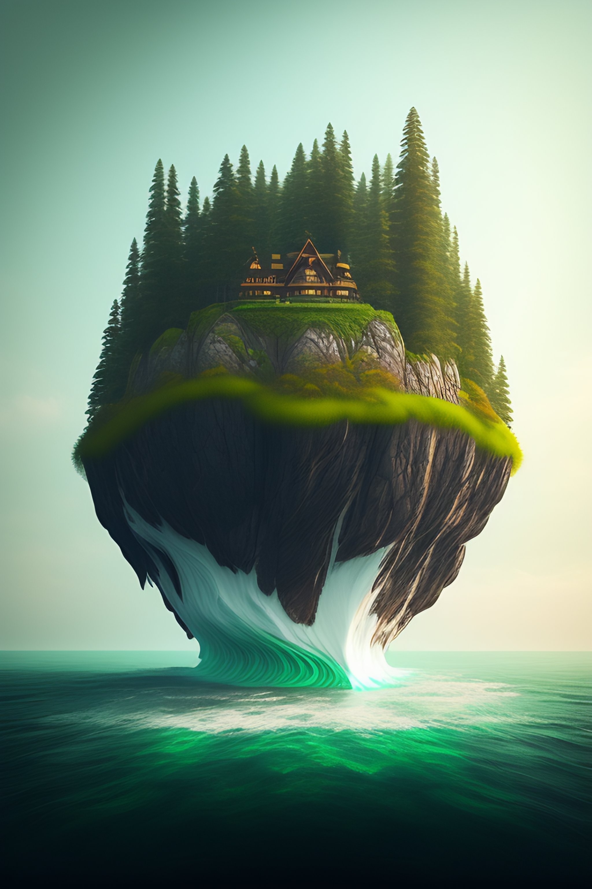 Lexica - Floating cliff island, covered with green moss, grass and fern ...