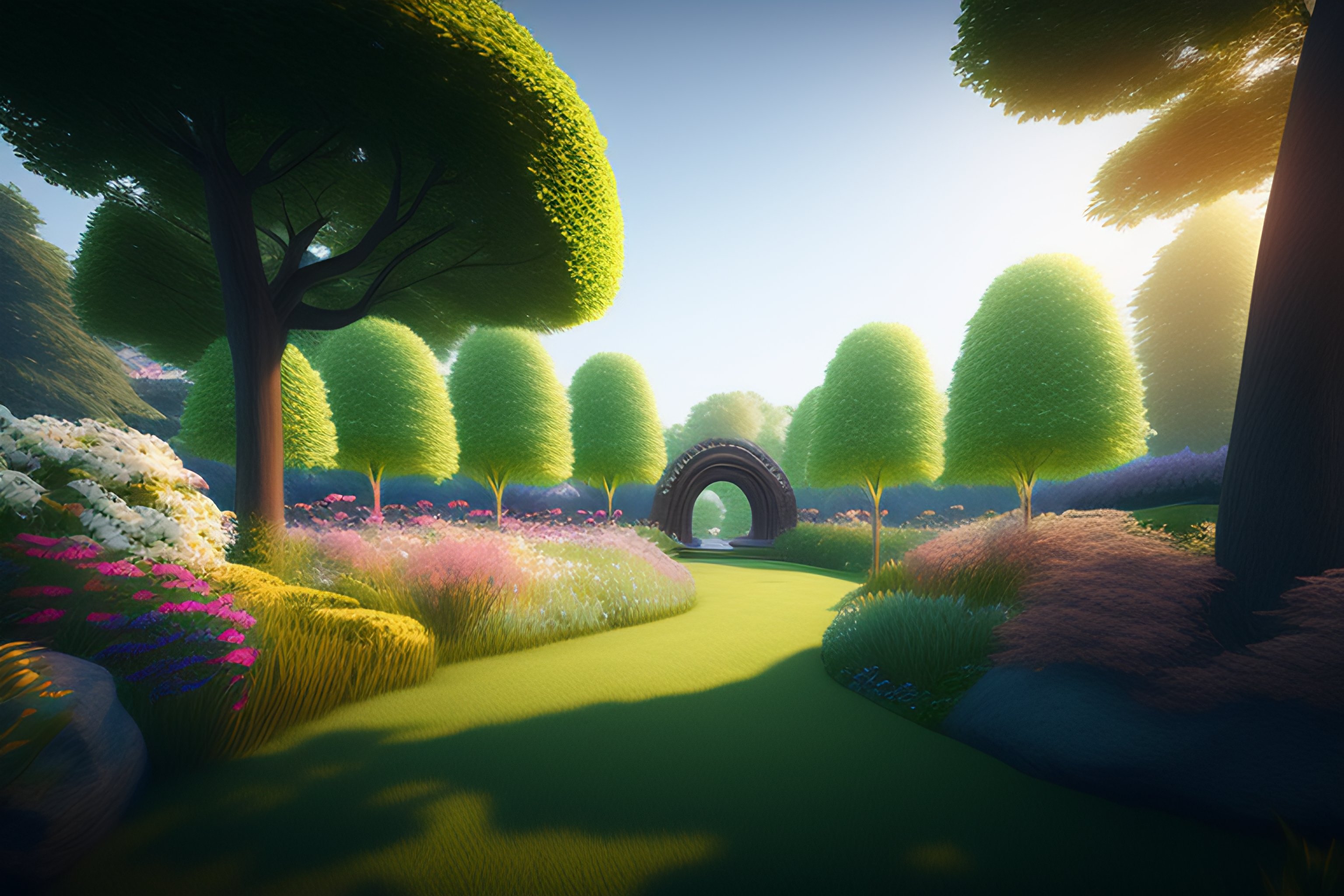 Lexica - Professional photograph landscape garden with flowers, unreal ...