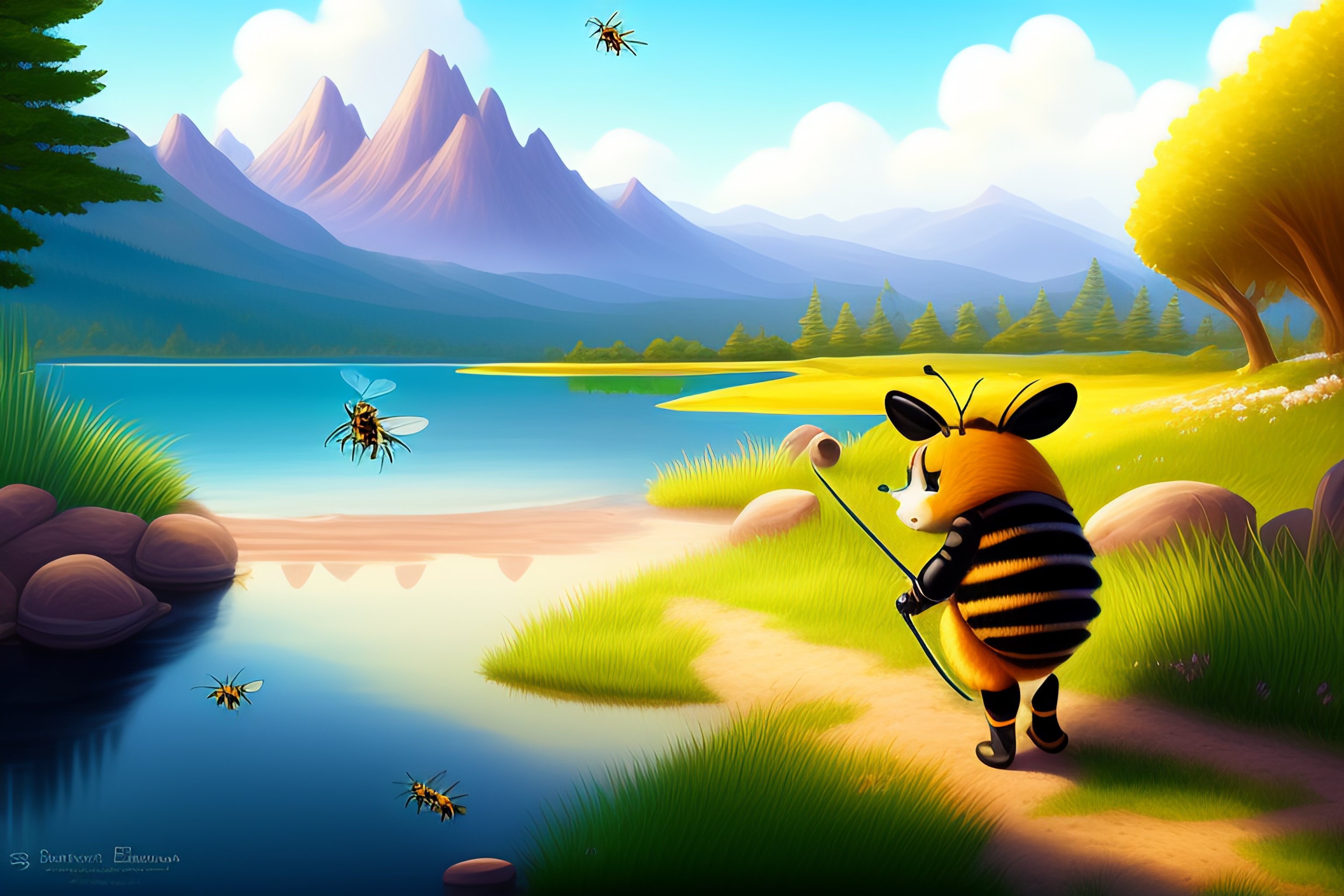 Lexica - A cartoon picture of a bee t PLAYING NEAR LAKE, a child's ...