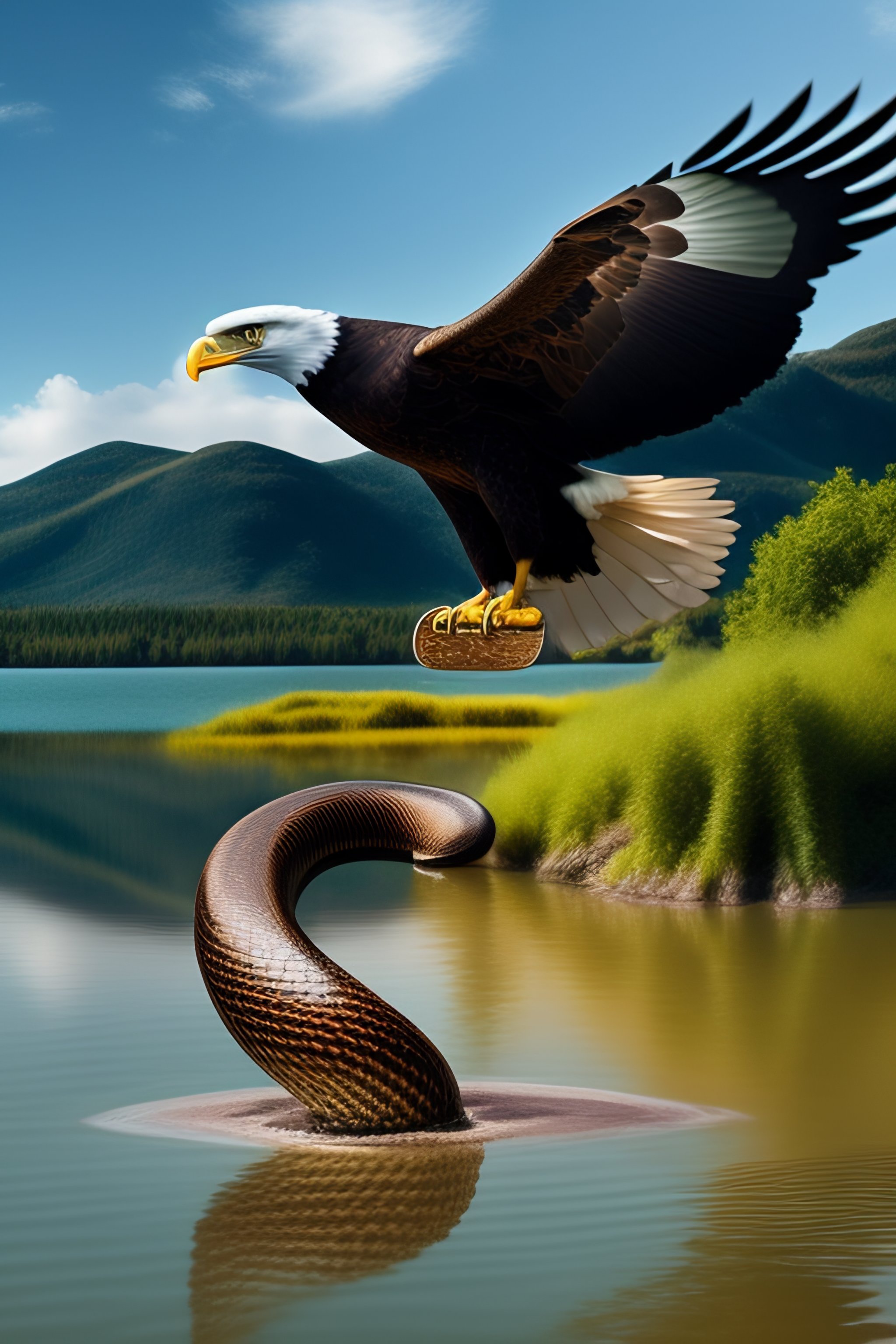 Lexica - Eagle crushing a snake by a lake, realistic