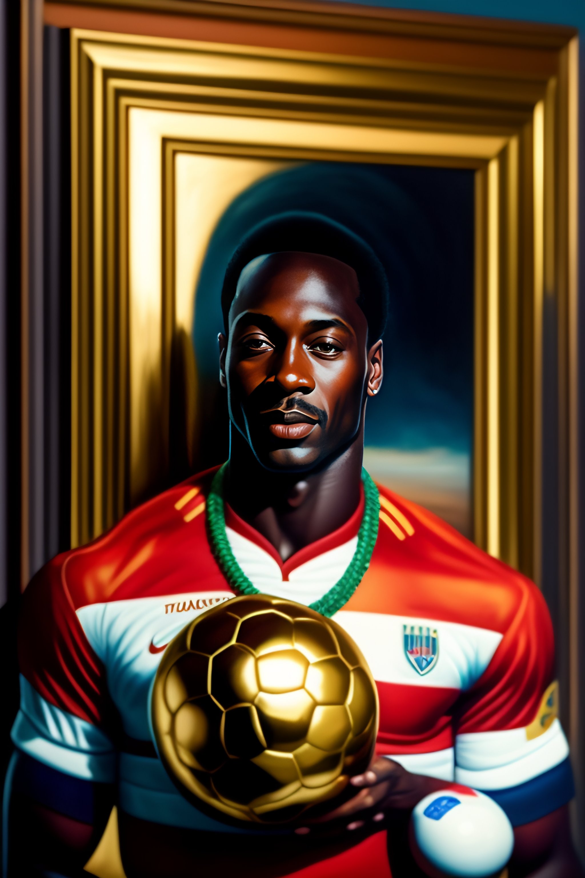 Lexica - Painting of Pele holding three ballon d'or hanging on a wall ...