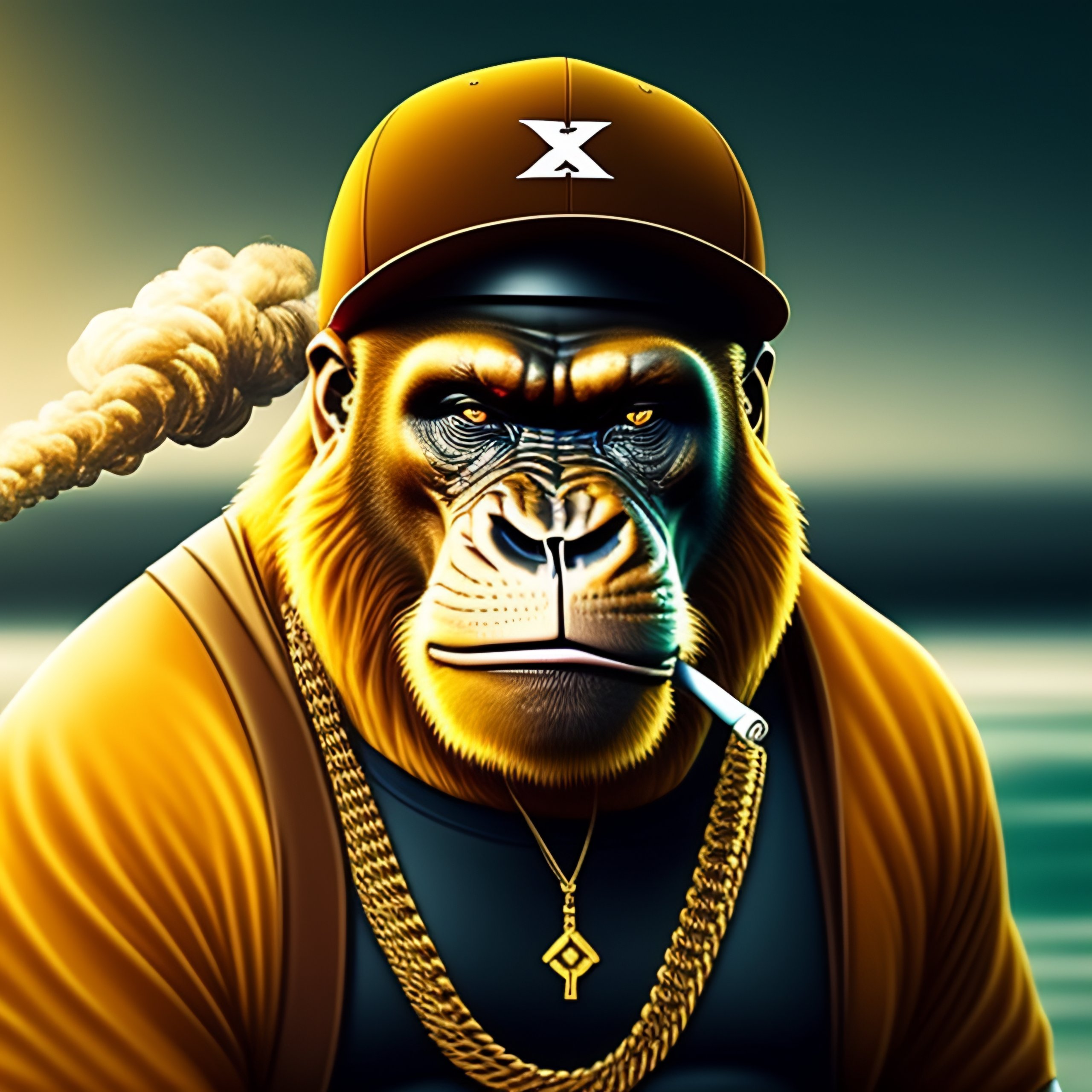 Lexica - Big Ape wearing a cap and t-shirt with x logo and a big golden ...