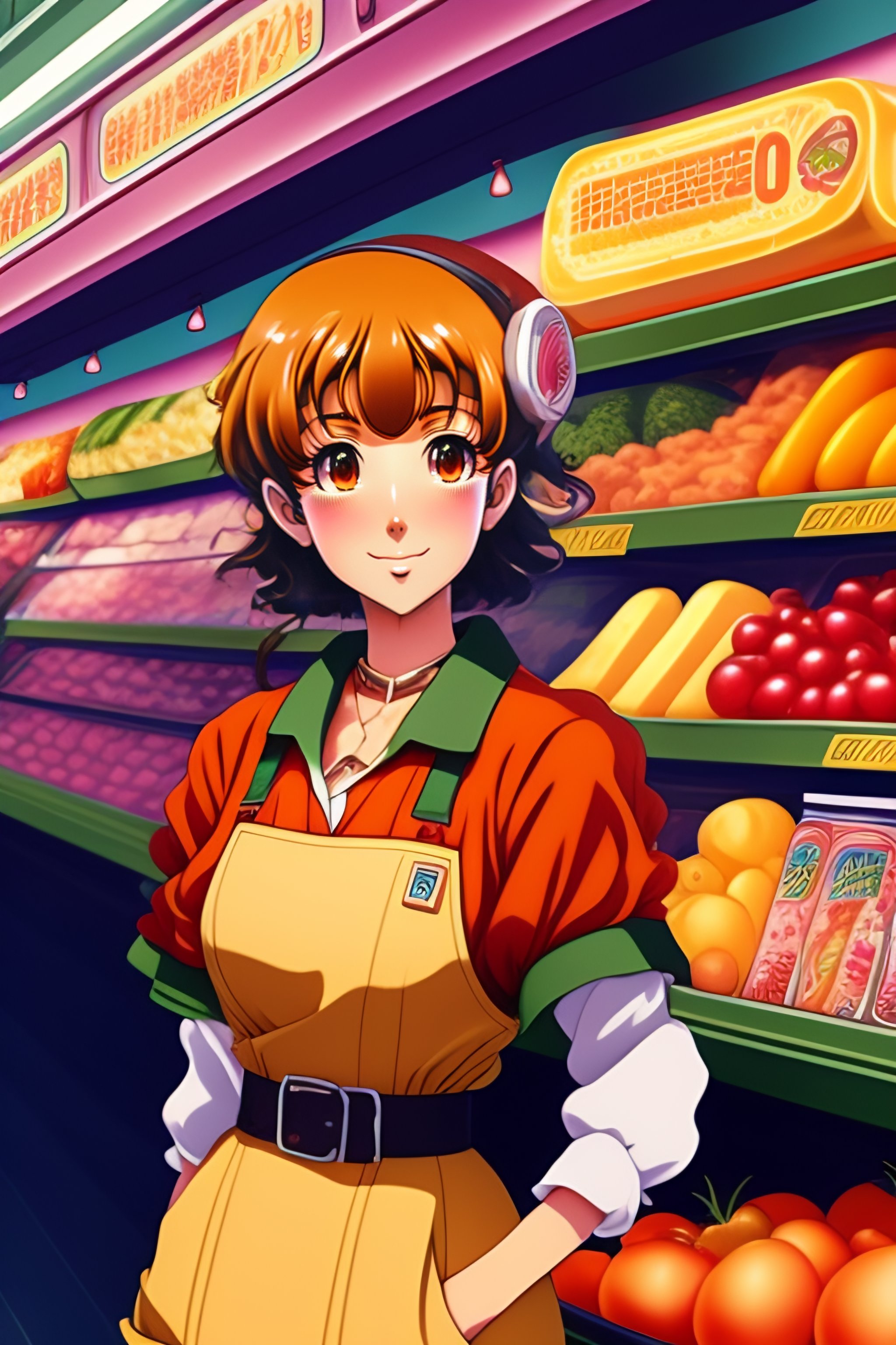 Lexica - In the style of 90's vintage. anime art of a female grocer ...