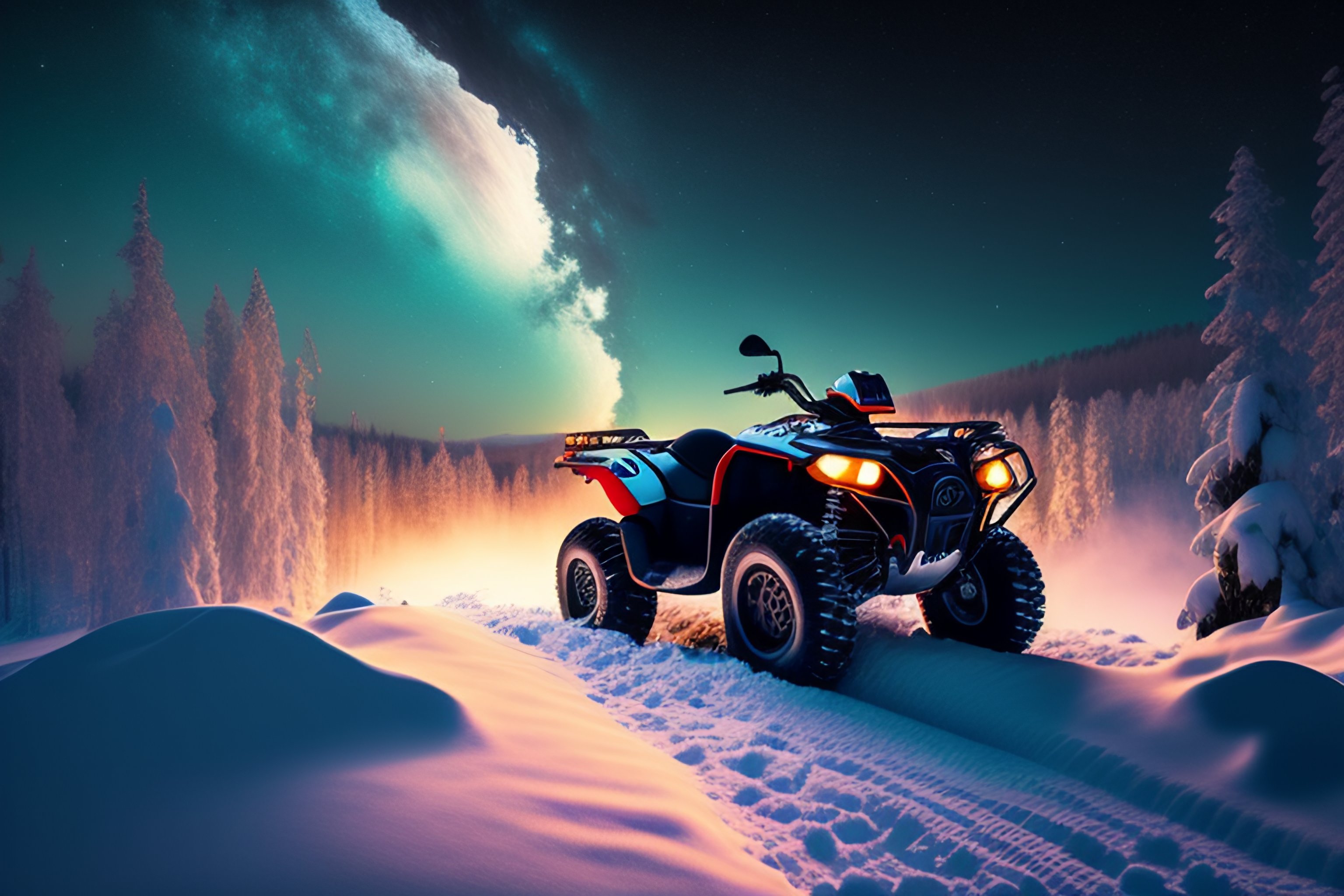 Lexica - ATV rides through the snowy forest at night the moon shines