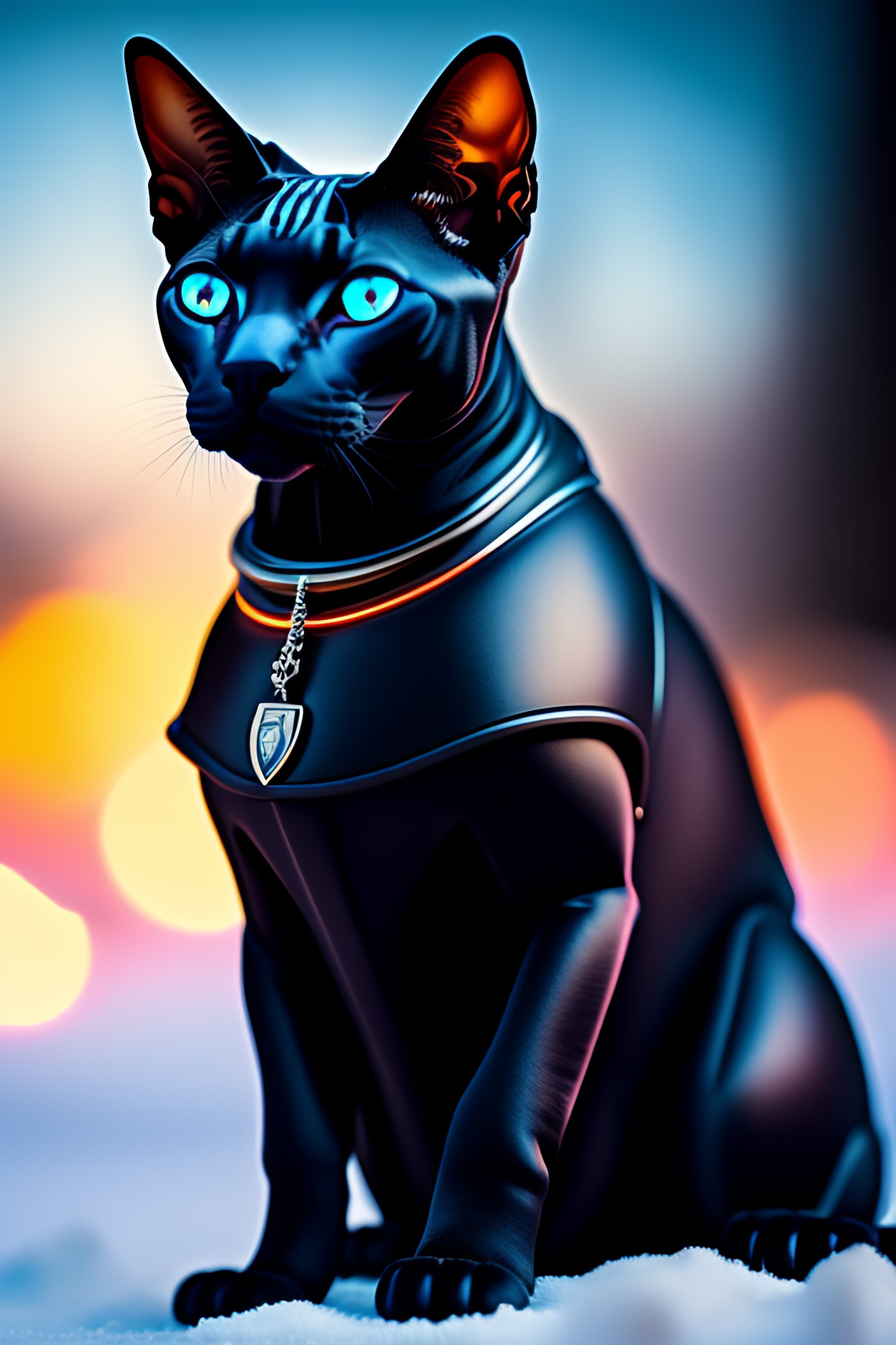 Lexica - Black sphynx cat robot futuristic sitting on a snow at night ...