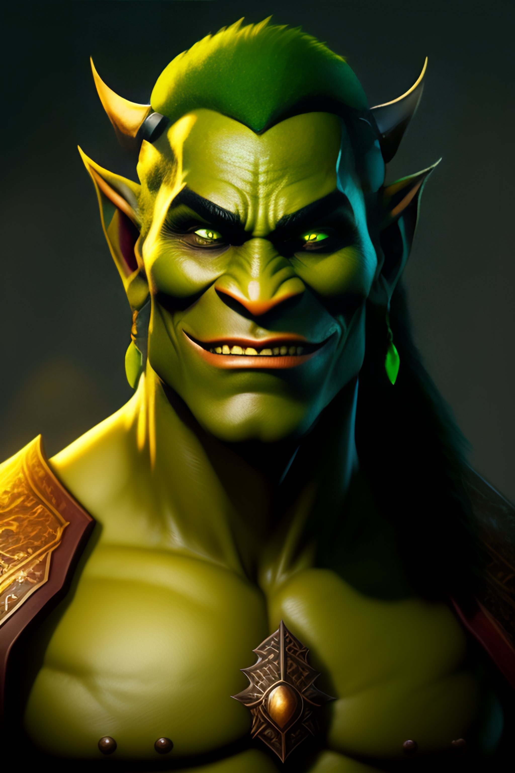 Lexica - Dark-green skinned friendly kind handsome orc, smiling, shy ...