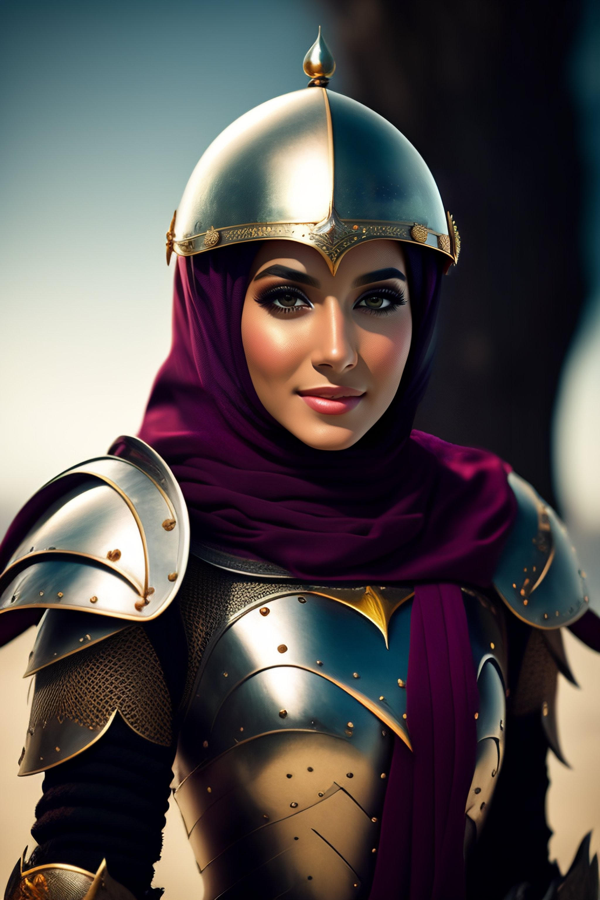 Lexica - Cute hijab girl wearing medieval heavy armor
