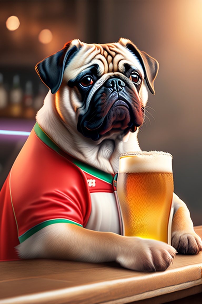 Lexica - Pug sitting at a bar, drinking beer from a bottle while ...