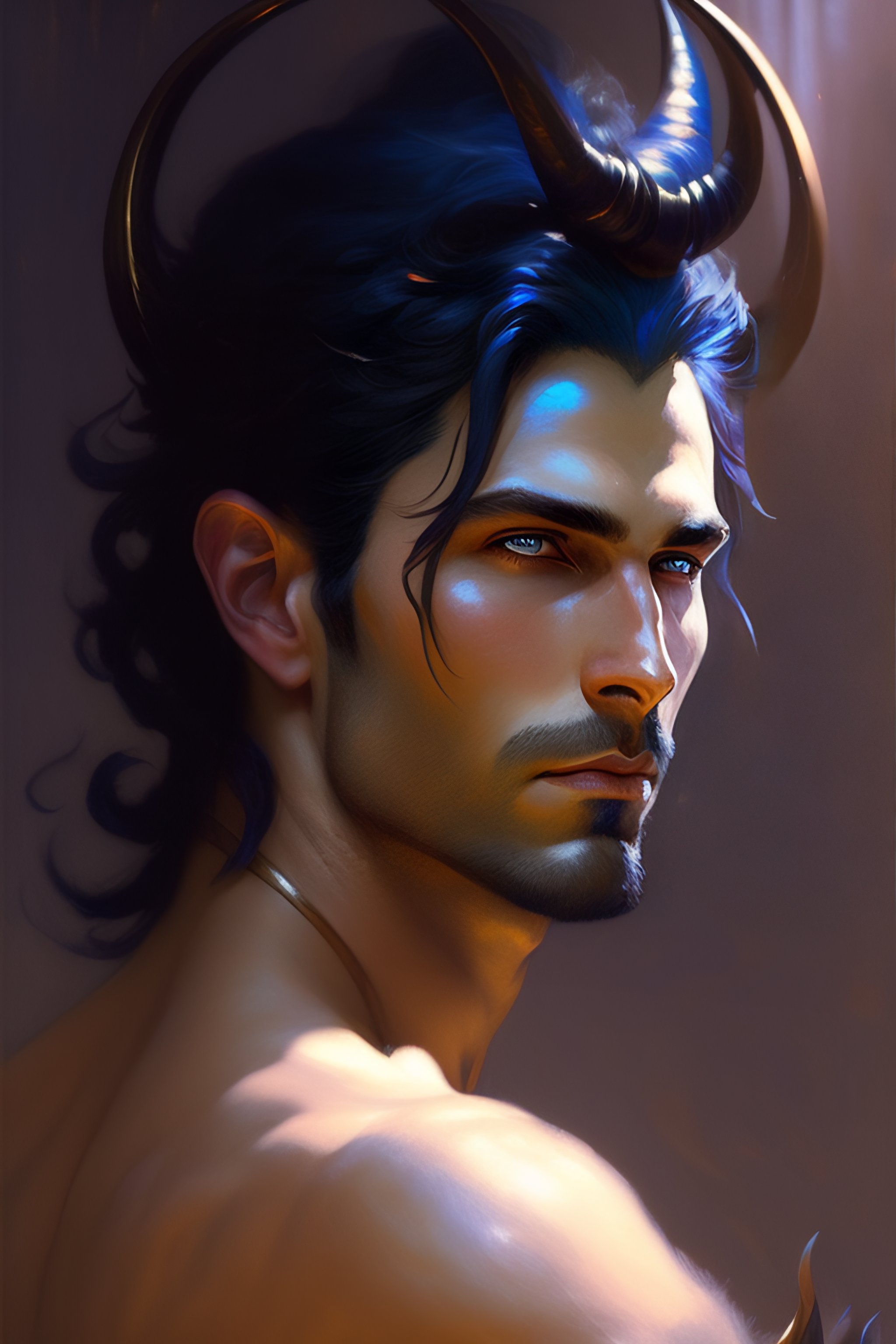 Lexica - Handsome dark blue tiefling guy with horns and dark hair and ...