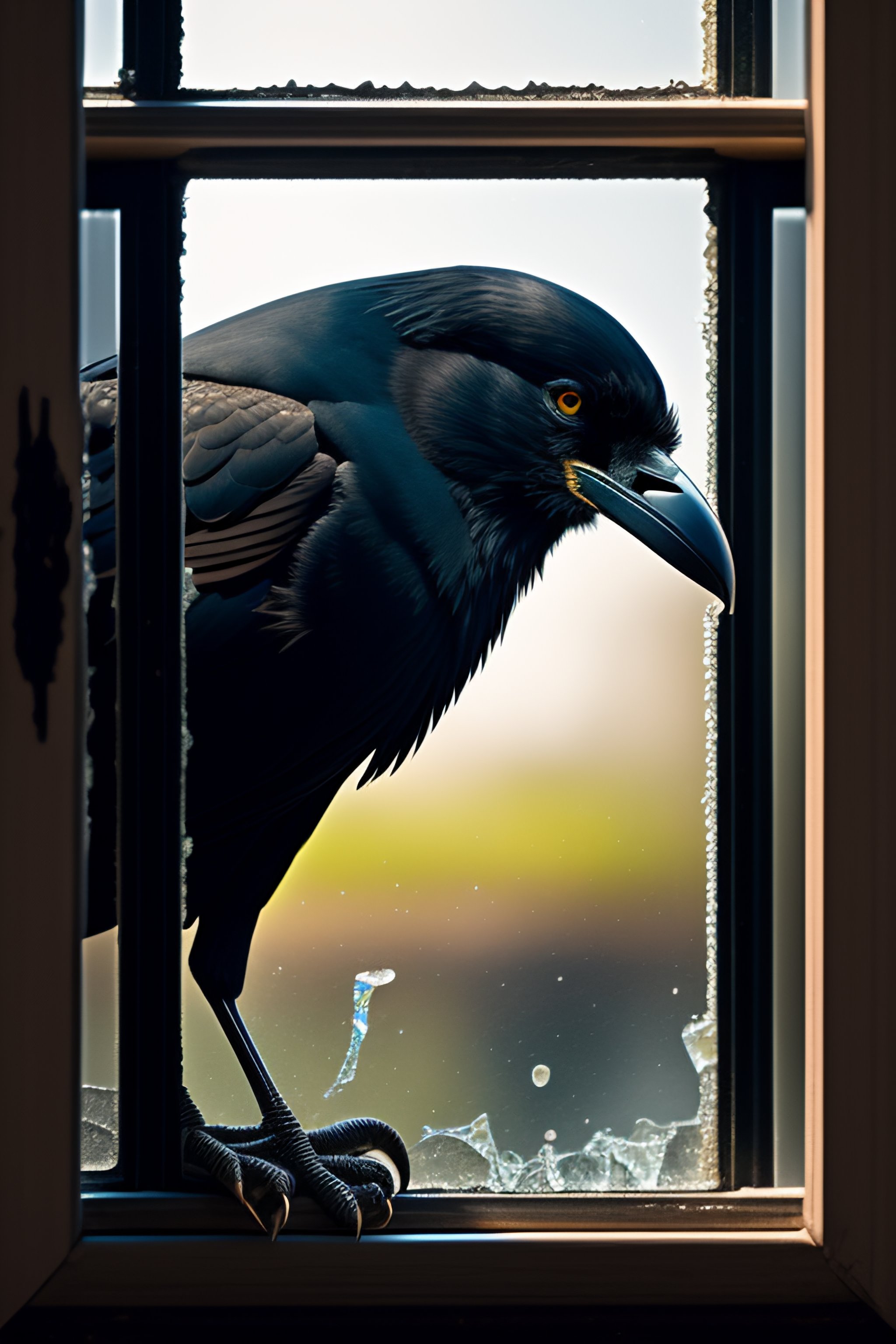 Lexica - A large black crow, peering through a old window with broken ...