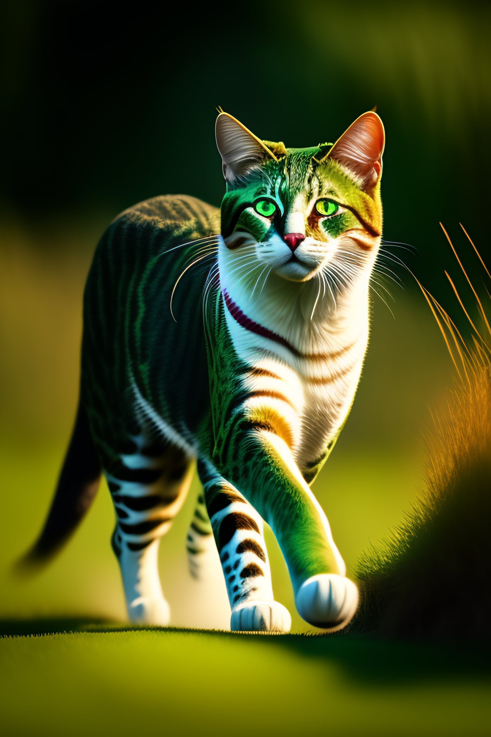Lexica - A detailed portrait of a green cat going for a hunt