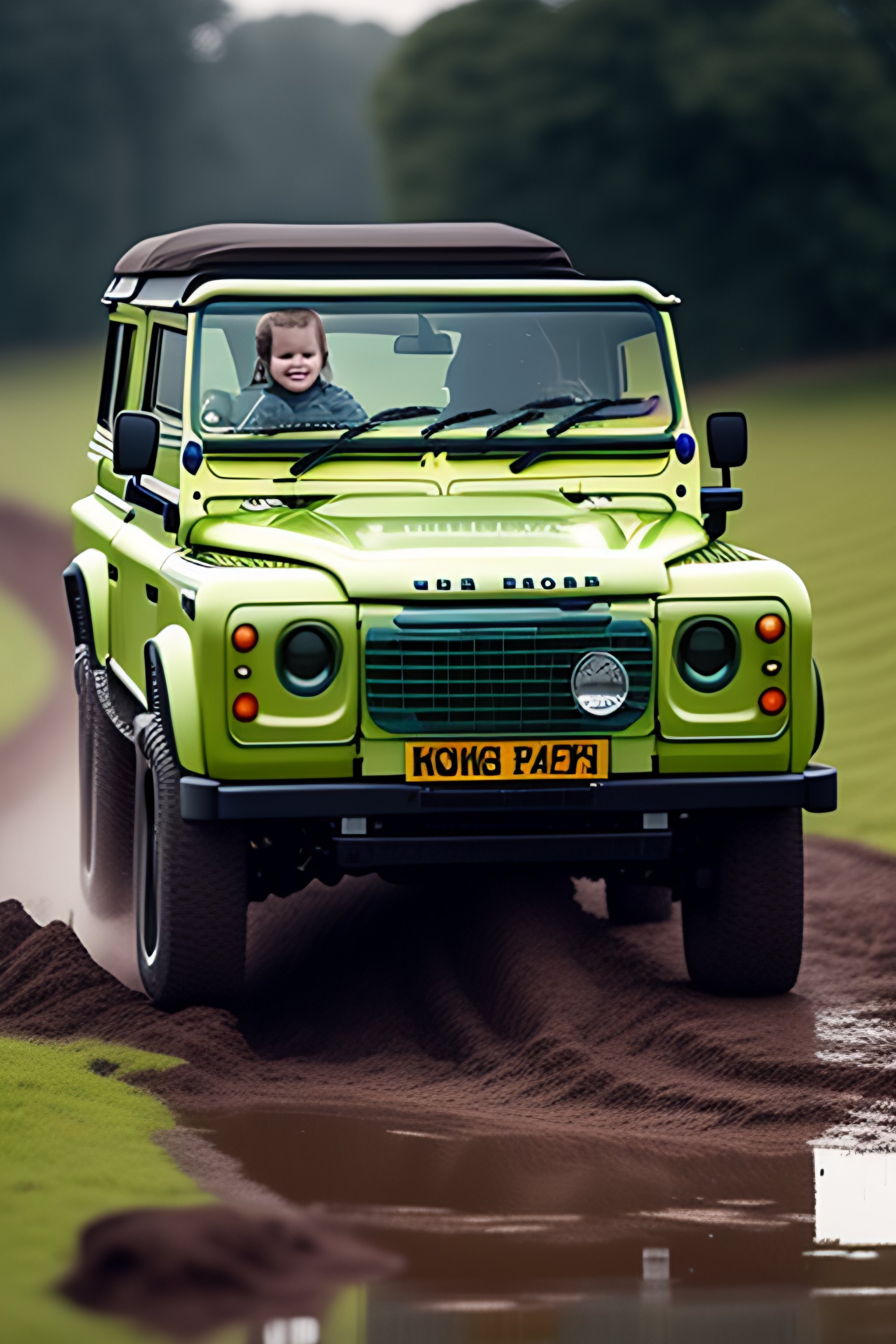 Lexica - A portrait of a child pushing an old Land Rover Defender ...