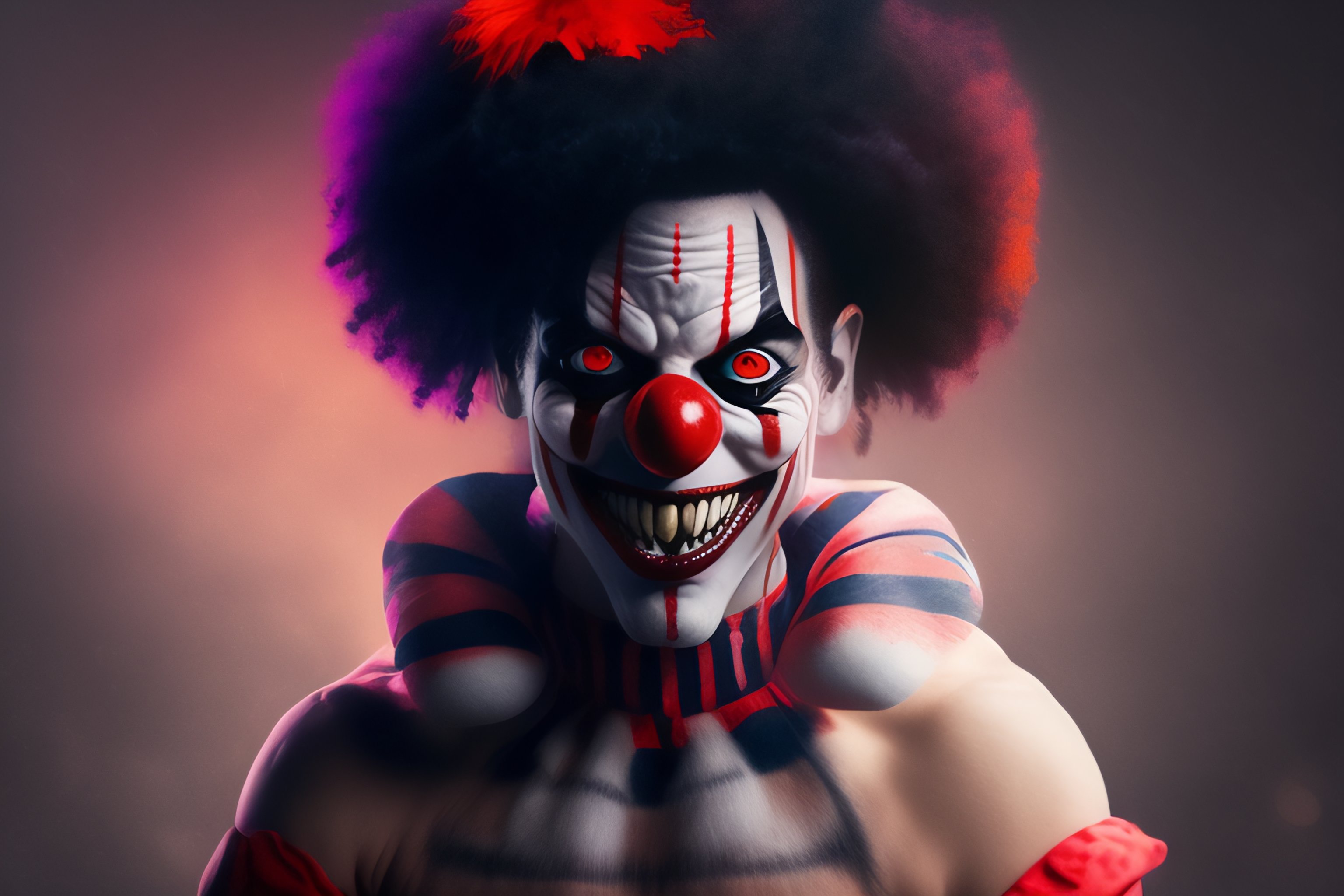 Lexica - Terrifying clown with red eyes and black hair in high quality