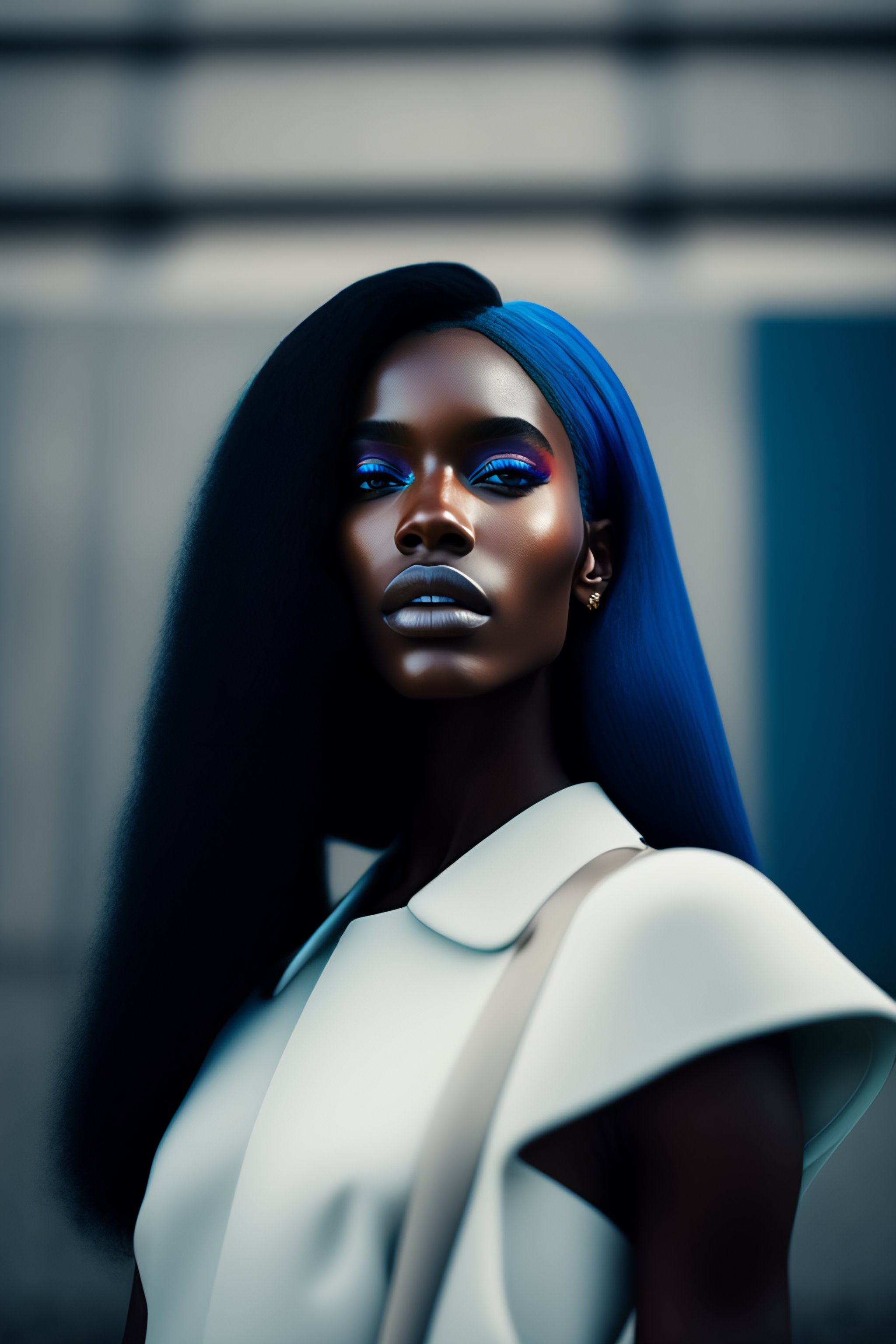 Lexica - Portrait of haute couture beautiful black skin fashion model with long blue hair ...