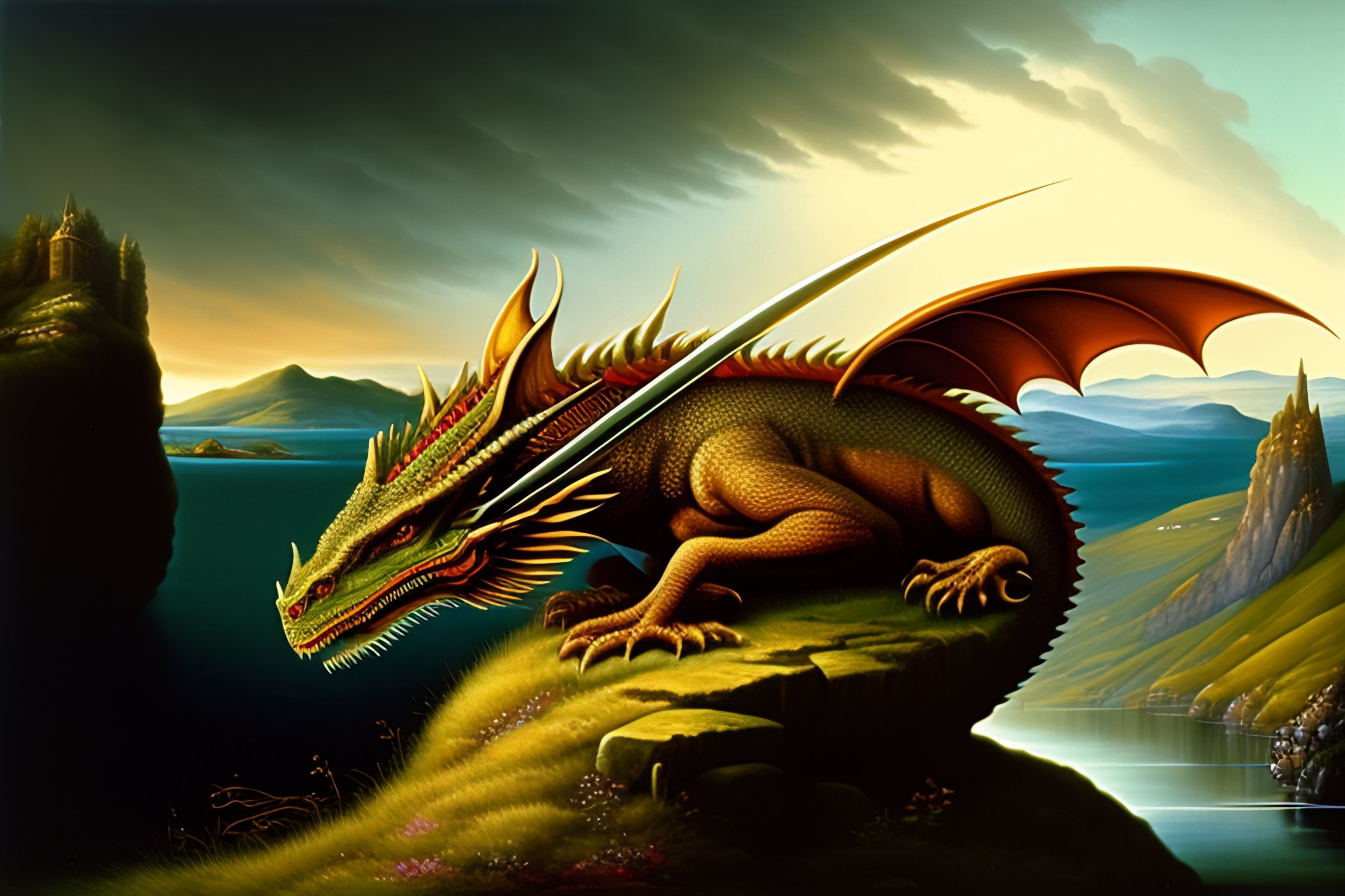 Lexica - Dead Dragon with sword in his head, in irish landscape ...