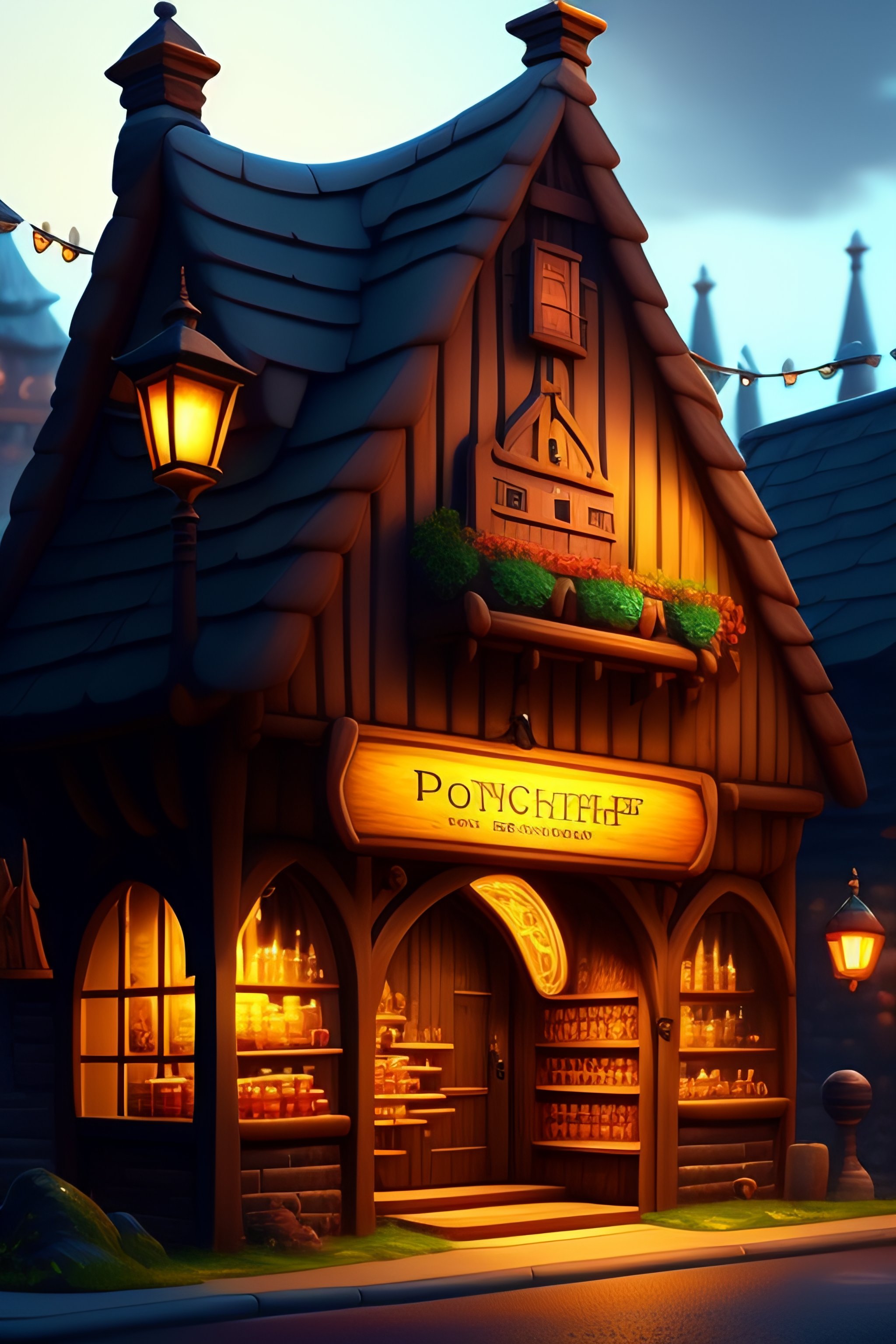 Lexica - Front shop, potion shop, shop, in the town, night time ...
