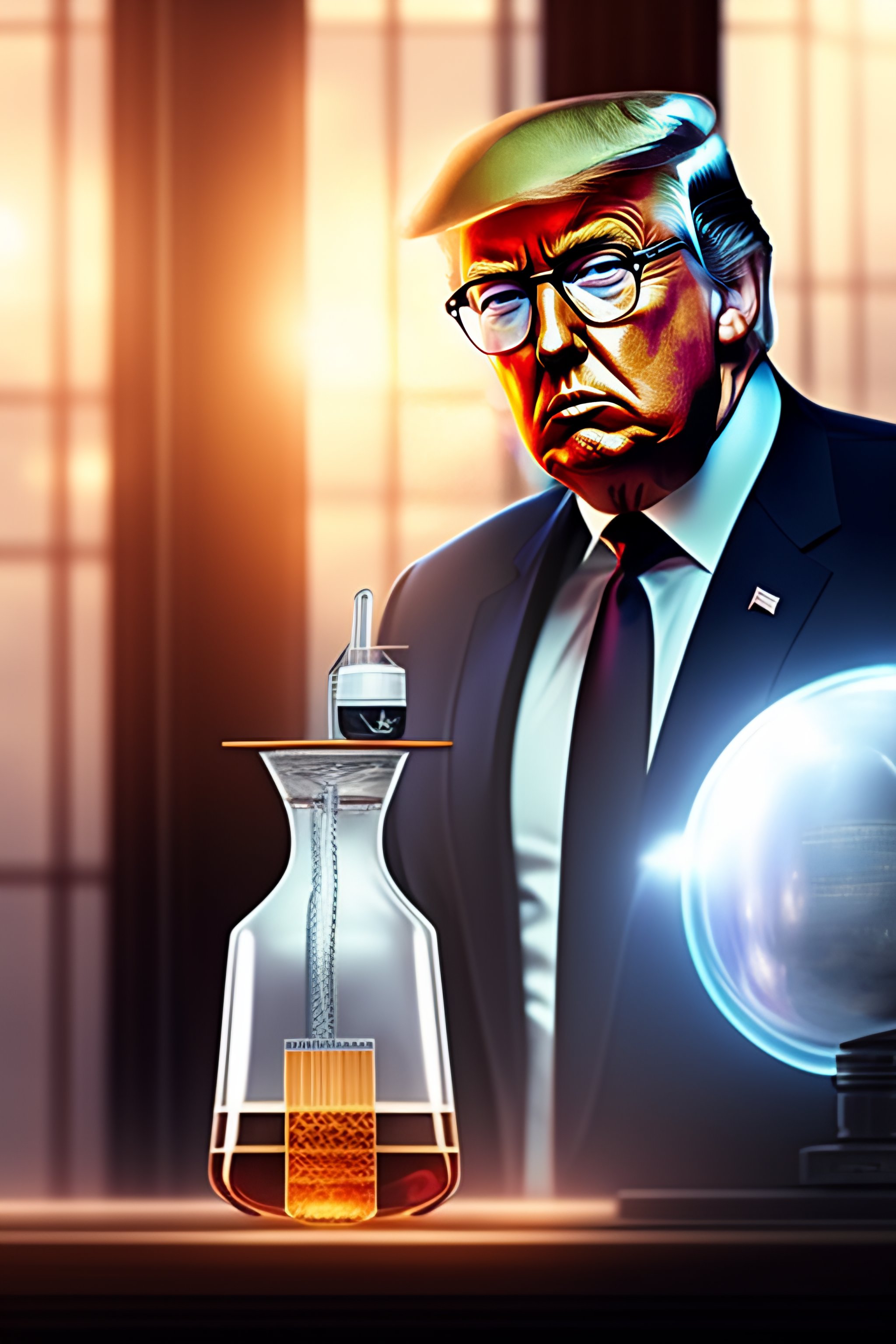 Lexica - Donald Trump holds a ehrlenmeyer flask at eye level, wearing a ...