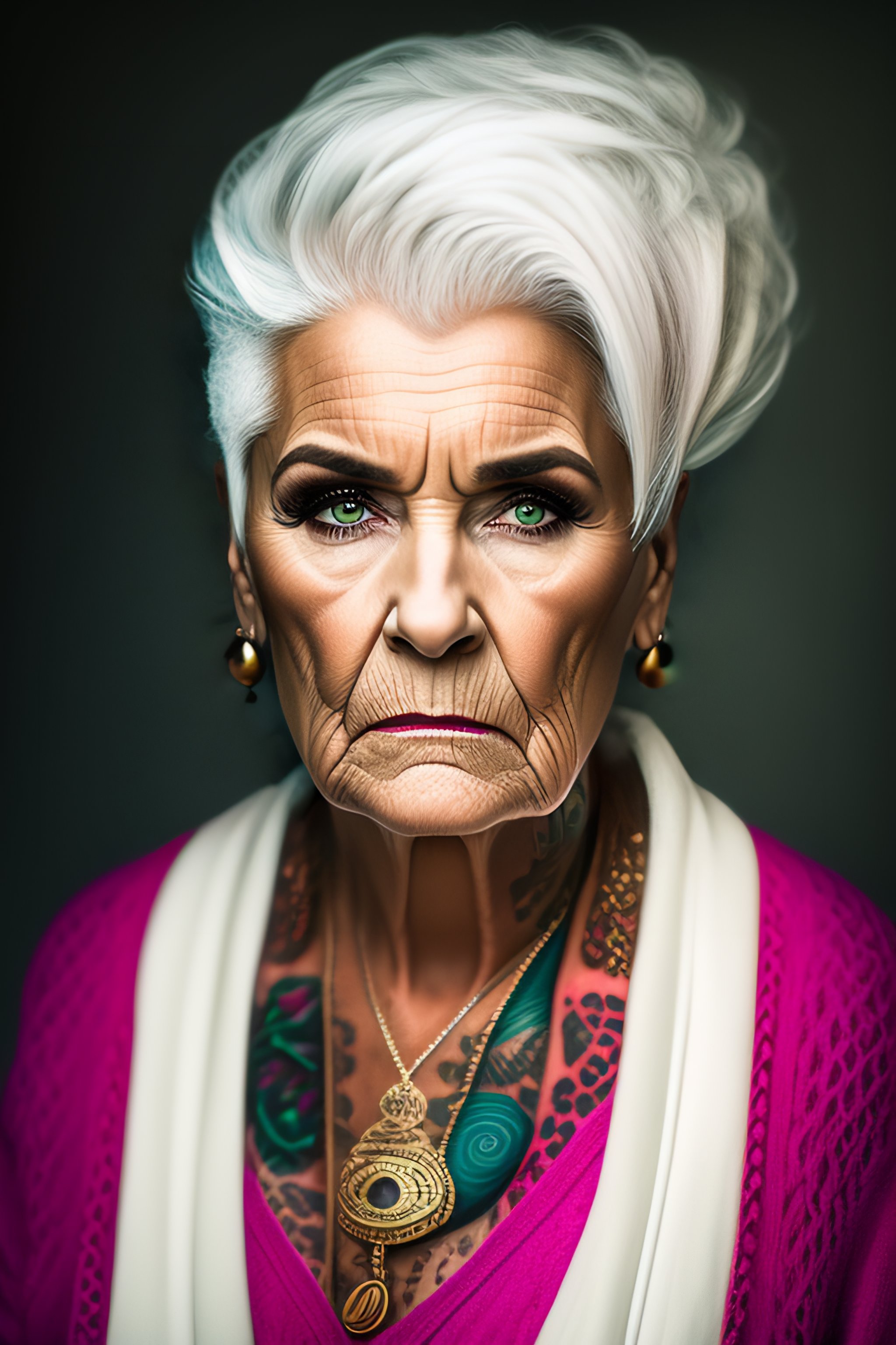 Lexica - Portrait of a grumpy mean scowl old woman with white hair and ...