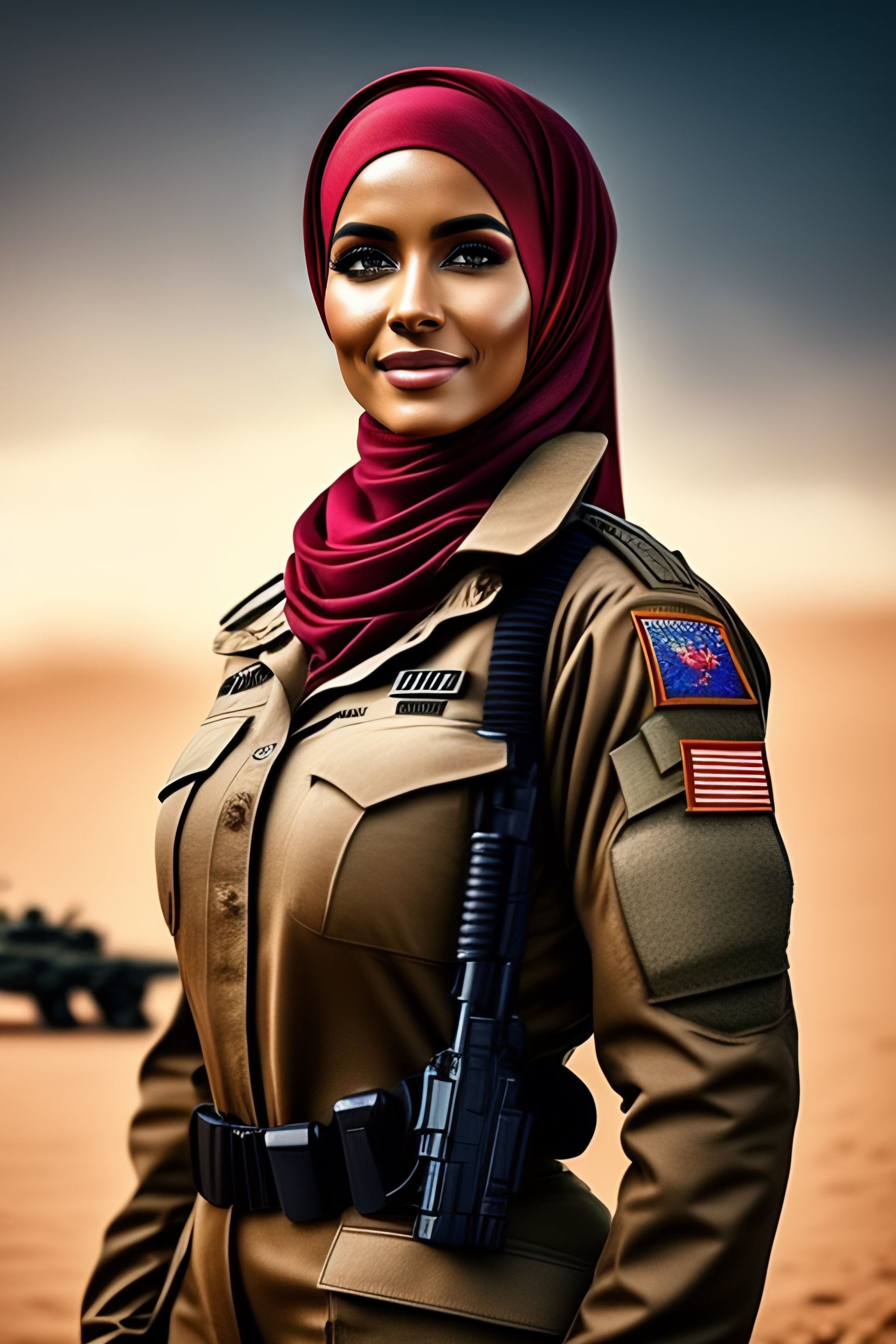 Lexica - A beautiful military woman wearing hijab in war, full body,