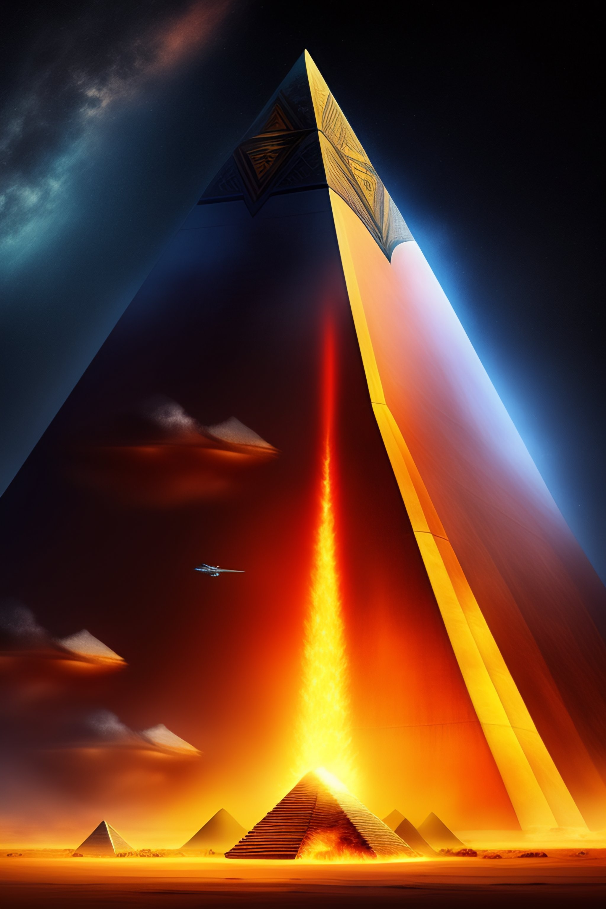 Lexica - Burning spaceship explosion over pyramids egypt