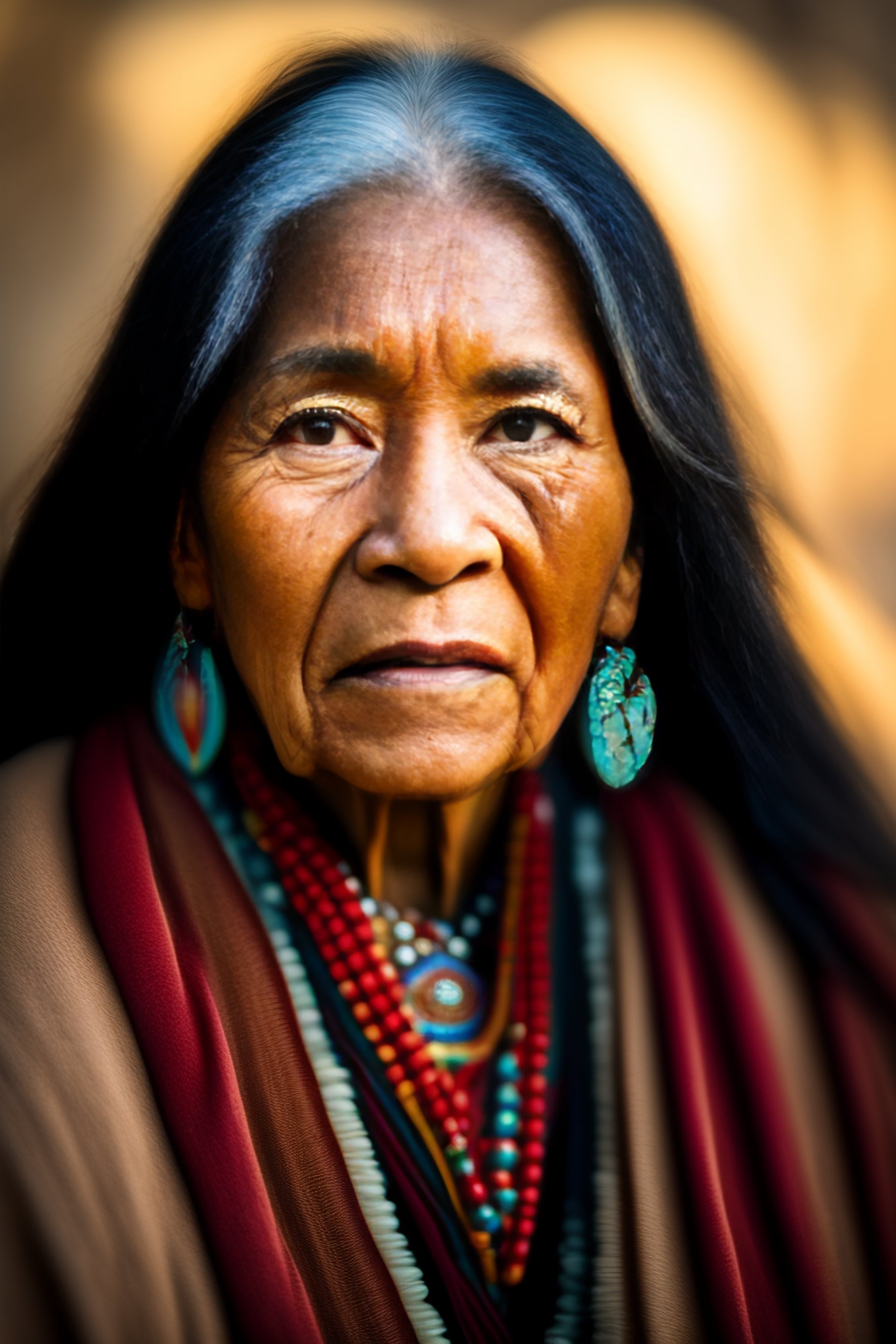 Lexica - Old native American lady looking at the camera, filled with ...