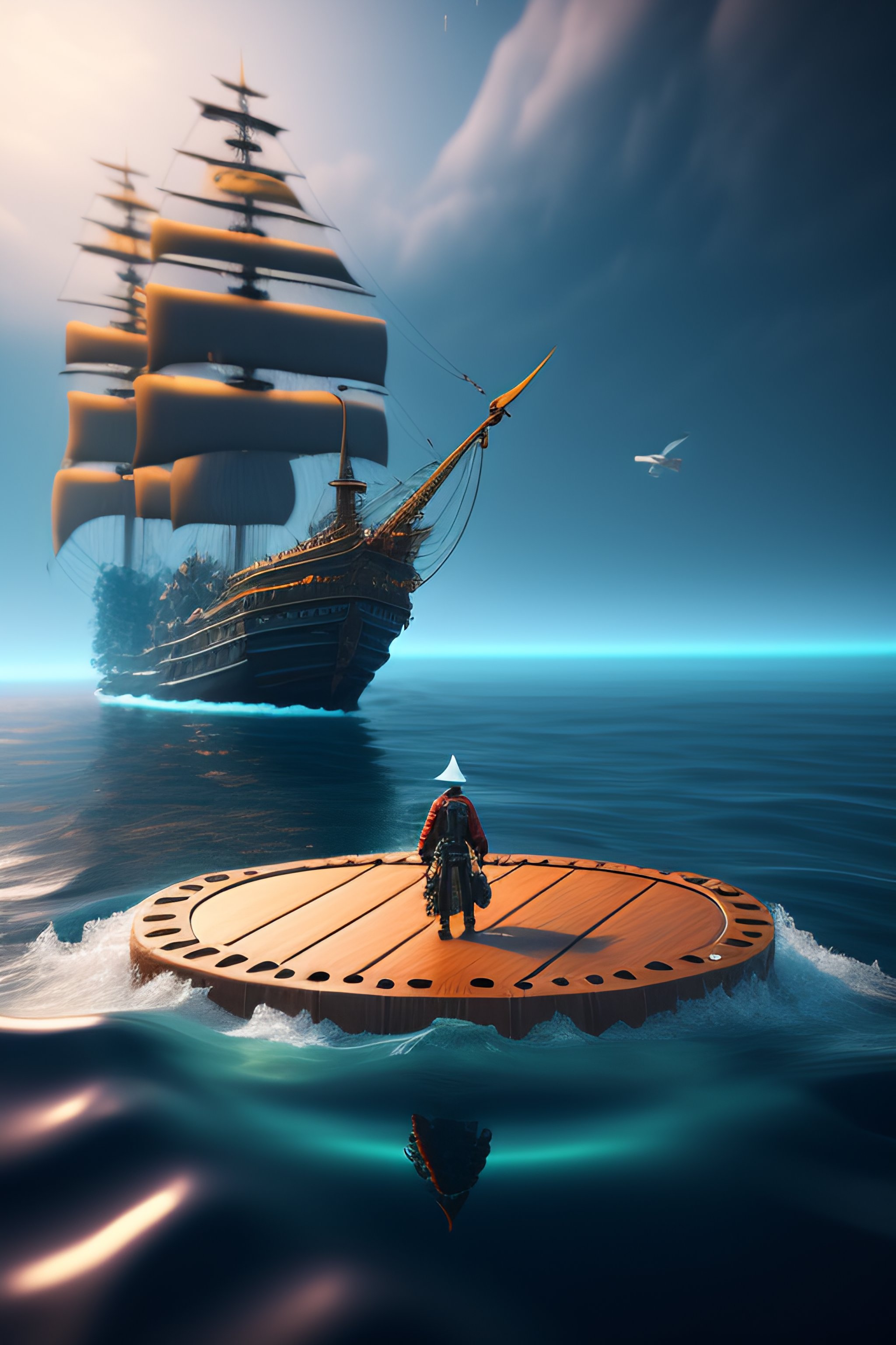 Lexica - A pirate floating on a raft in the middle of the sea, torn ...